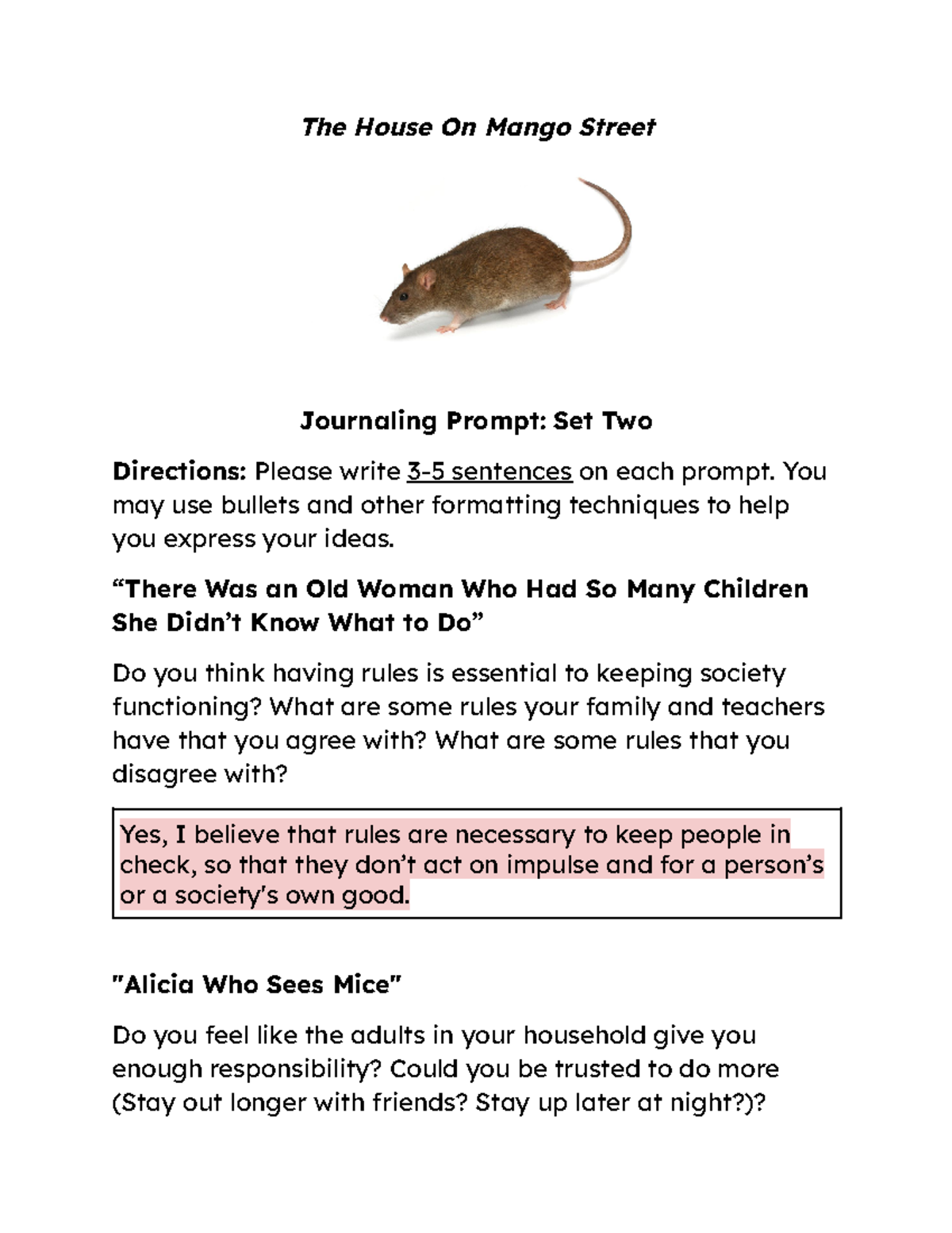 Isabella De Sousa - Journaling Prompts 2 - The House On Mango Street ...