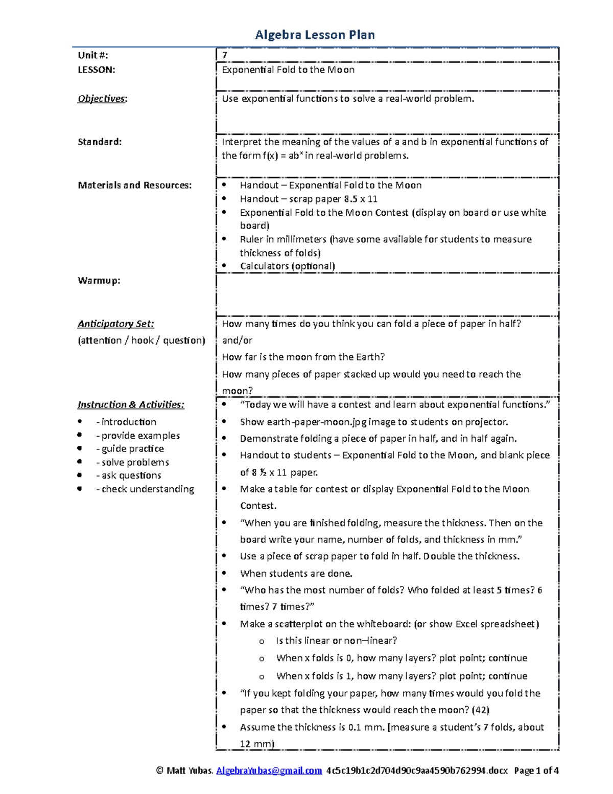 4b. Algebra Lesson Plan - Exponential Fold to the Moon v1 - Unit #: 7 ...