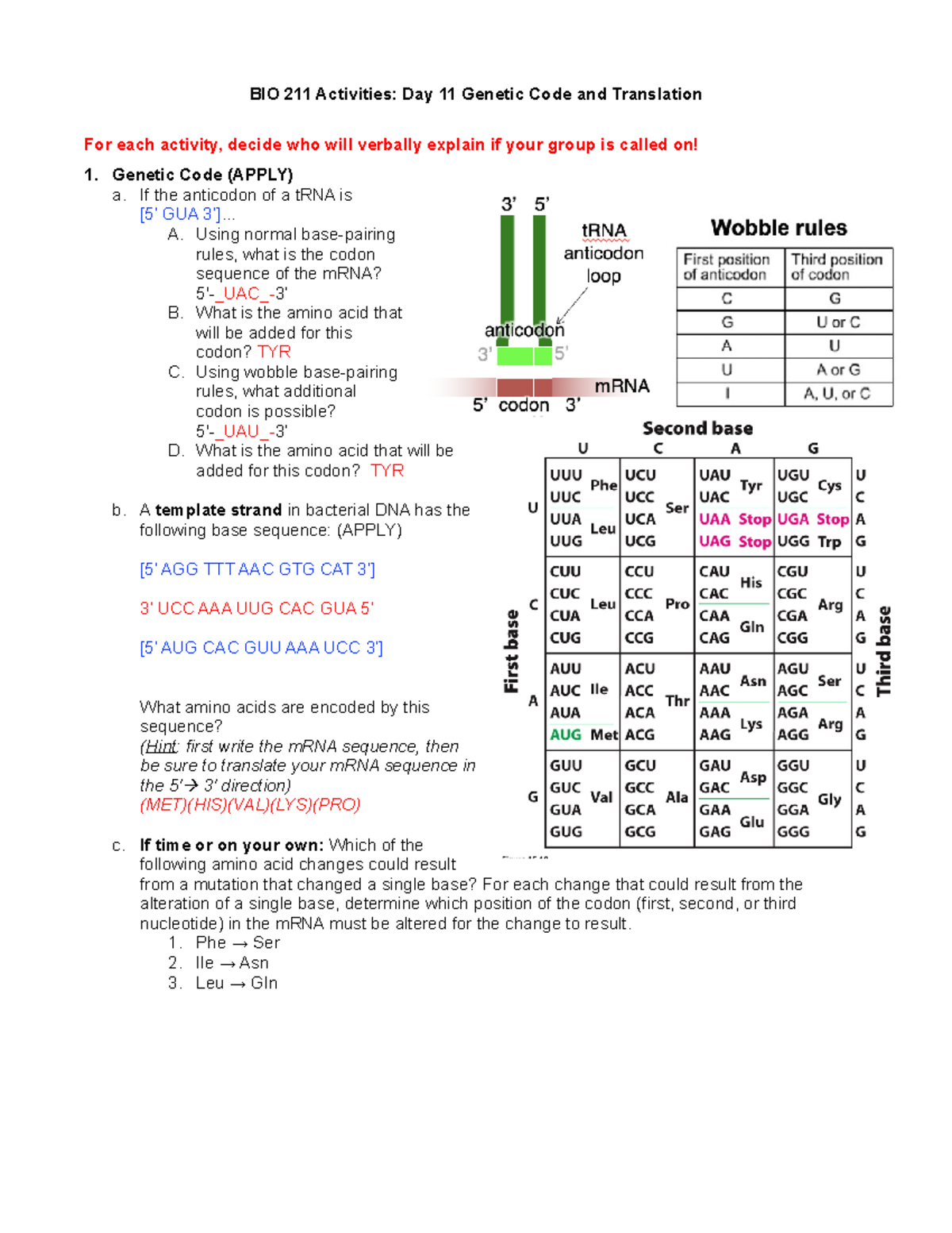 BIO 211- 11-Genetic Code and Translation - BIO 211 Activities: Day 11 ...