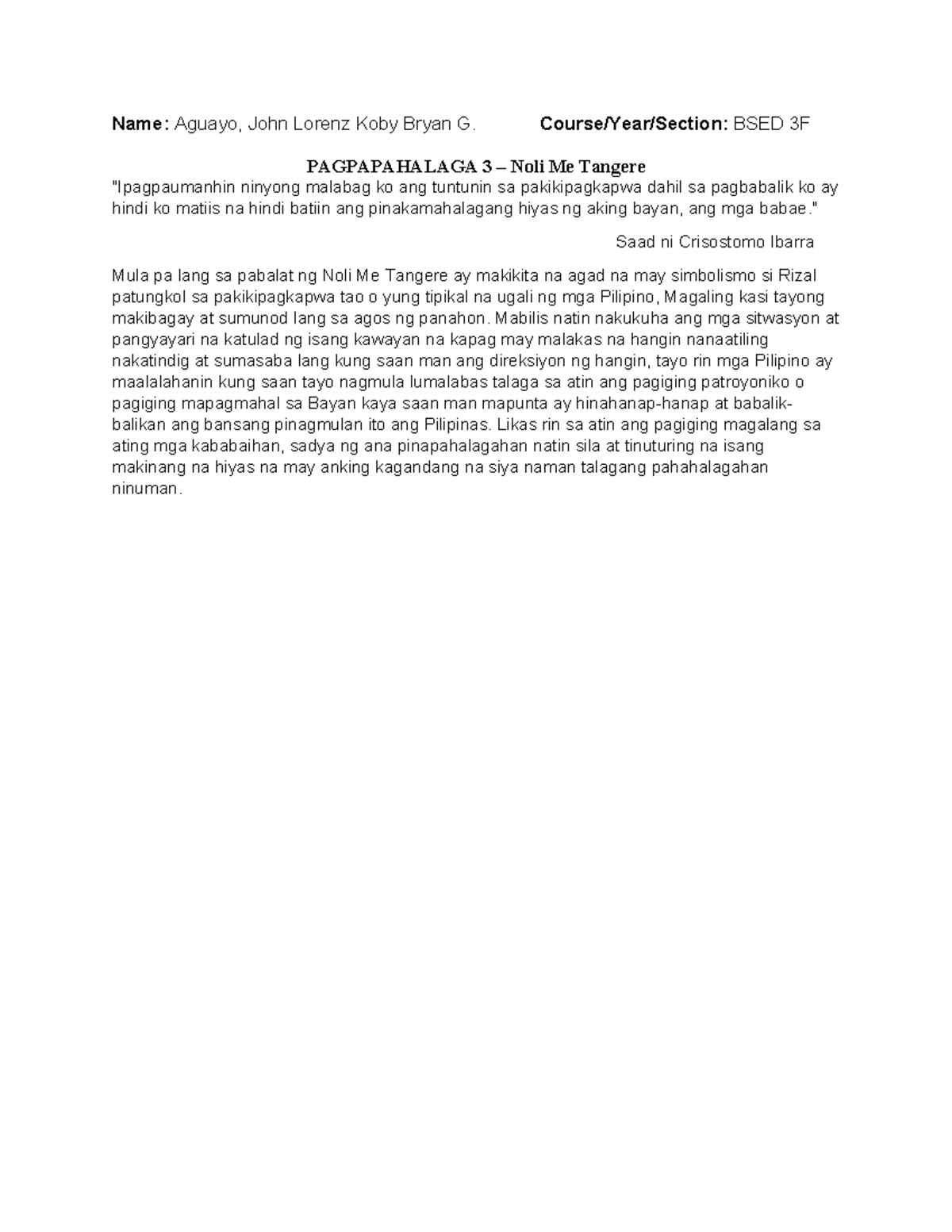 Pagpapahalaga 3 - Aguayo, John Lorenz Koby Bryan G - Name: Aguayo, John ...
