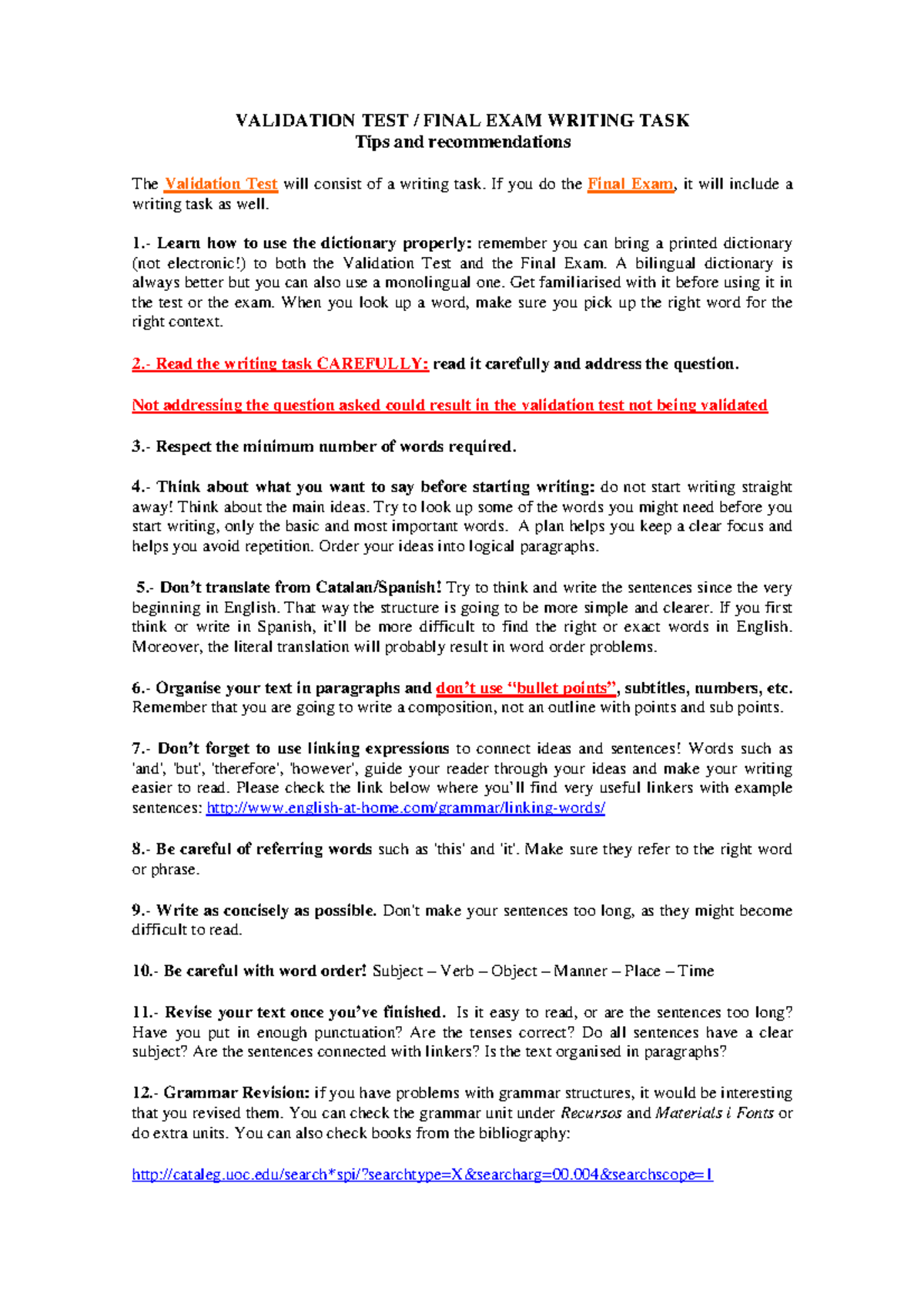 Validation TEST Tips and recommendations - VALIDATION TEST / FINAL EXAM ...