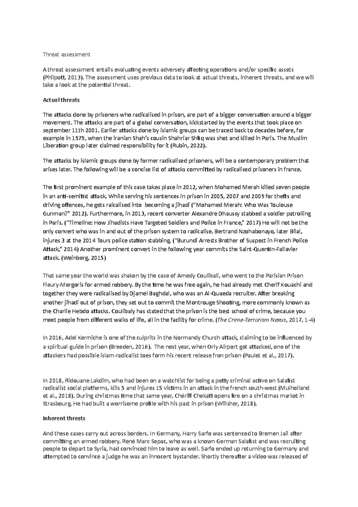 Terrorism and risk threat assessment - Threat assessment A threat ...