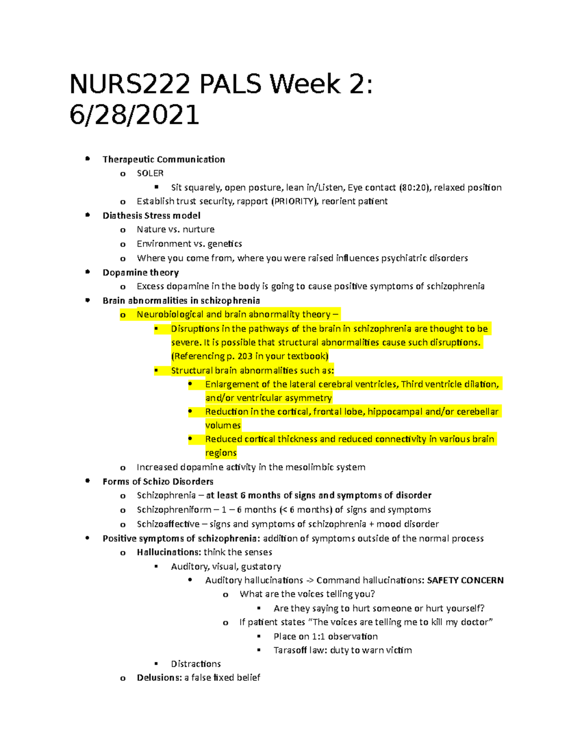 NURS222 PALS Week 2 Schizophrenia - NURS222 PALS Week 2: 6/28 ...