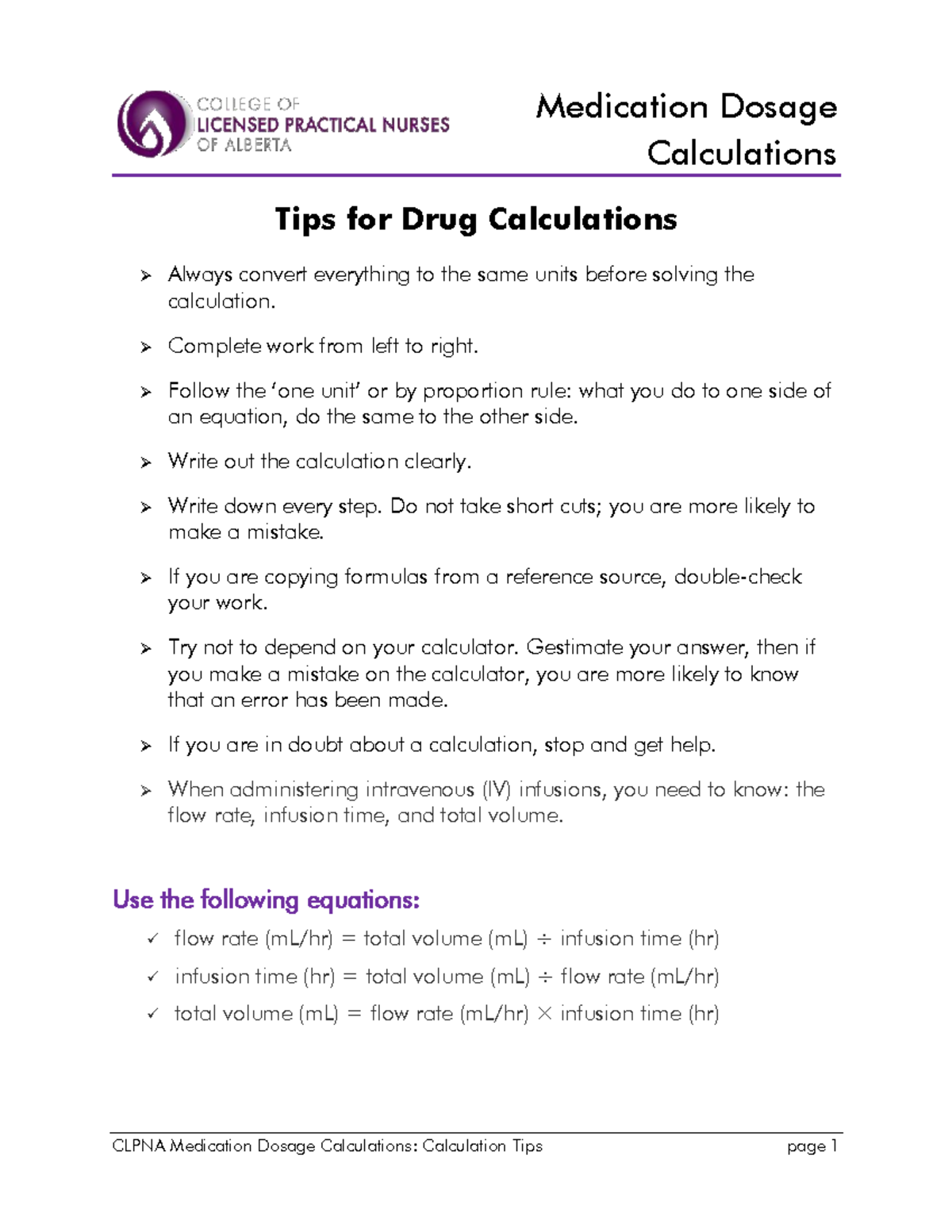 Clpna calculation-tips - CLPNA Medication Dosage Calculations: Calculation Tips page 1 Tips for ...