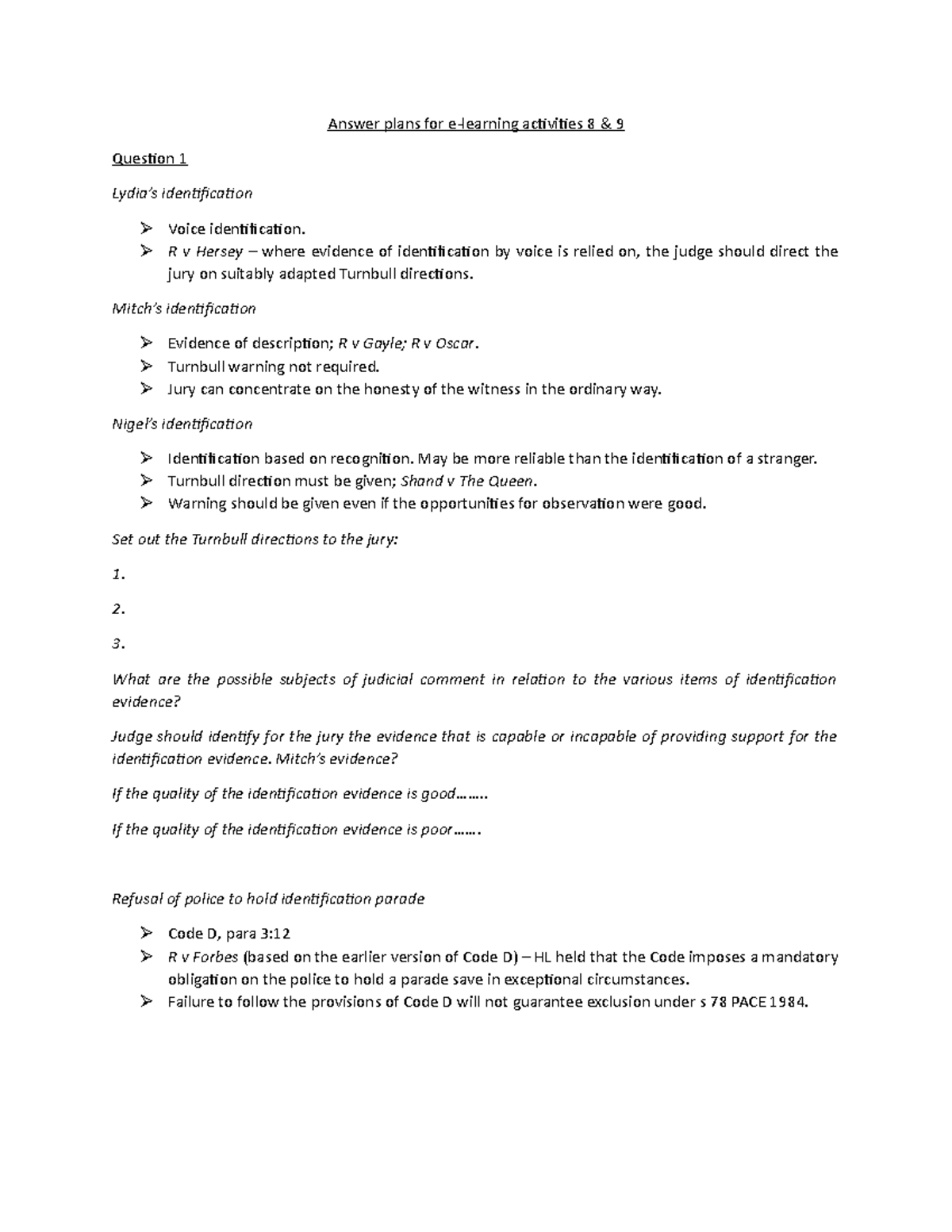 Answer plans for e-learning activities 8 9 - R v Hersey – where ...