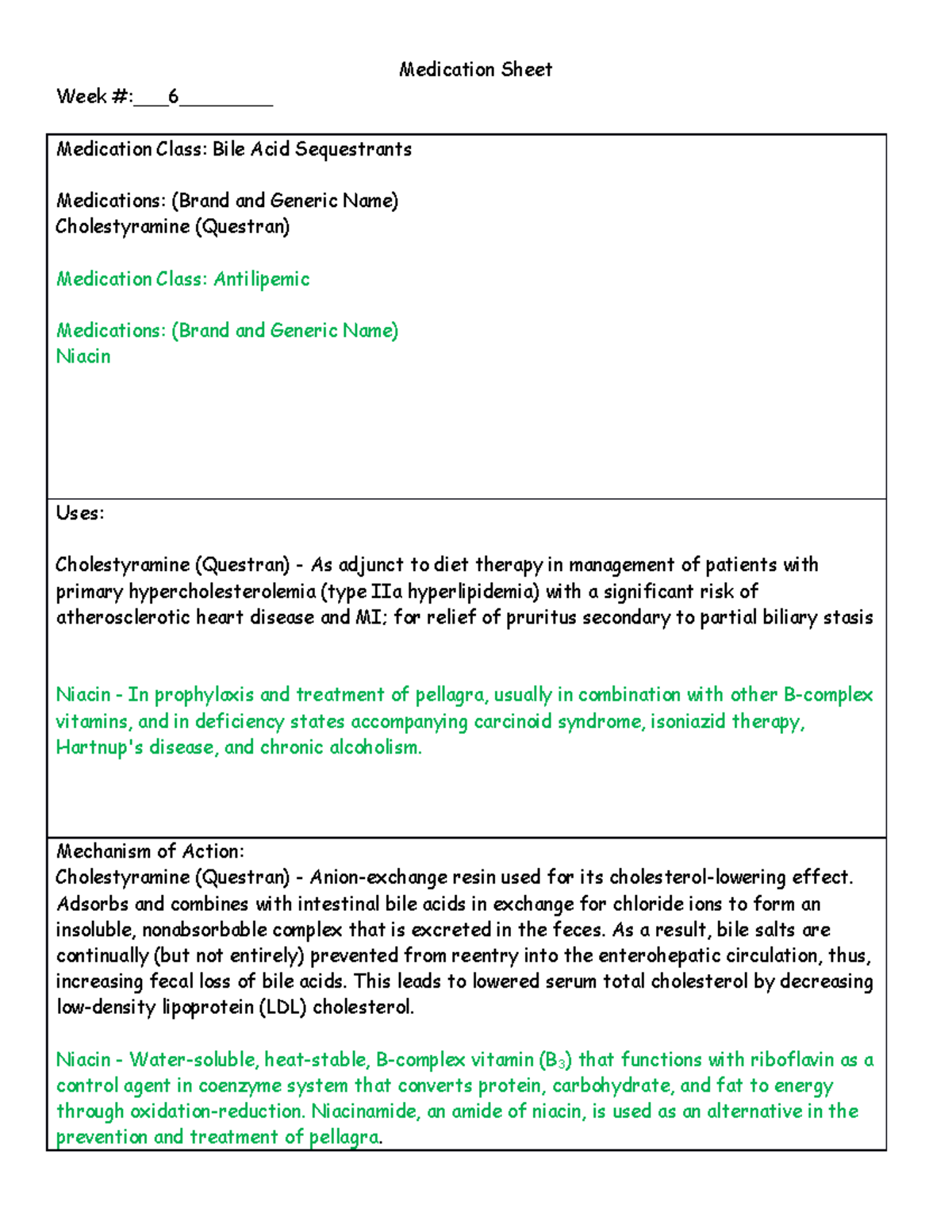 Week 6 med - medication sheet - Medication Sheet Week #:6 ...