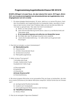 Klausur Sommersemester 2014, Fragen und Antworten - Gedächtnisprotokoll Augenheilkunde 2014SS 1 ...