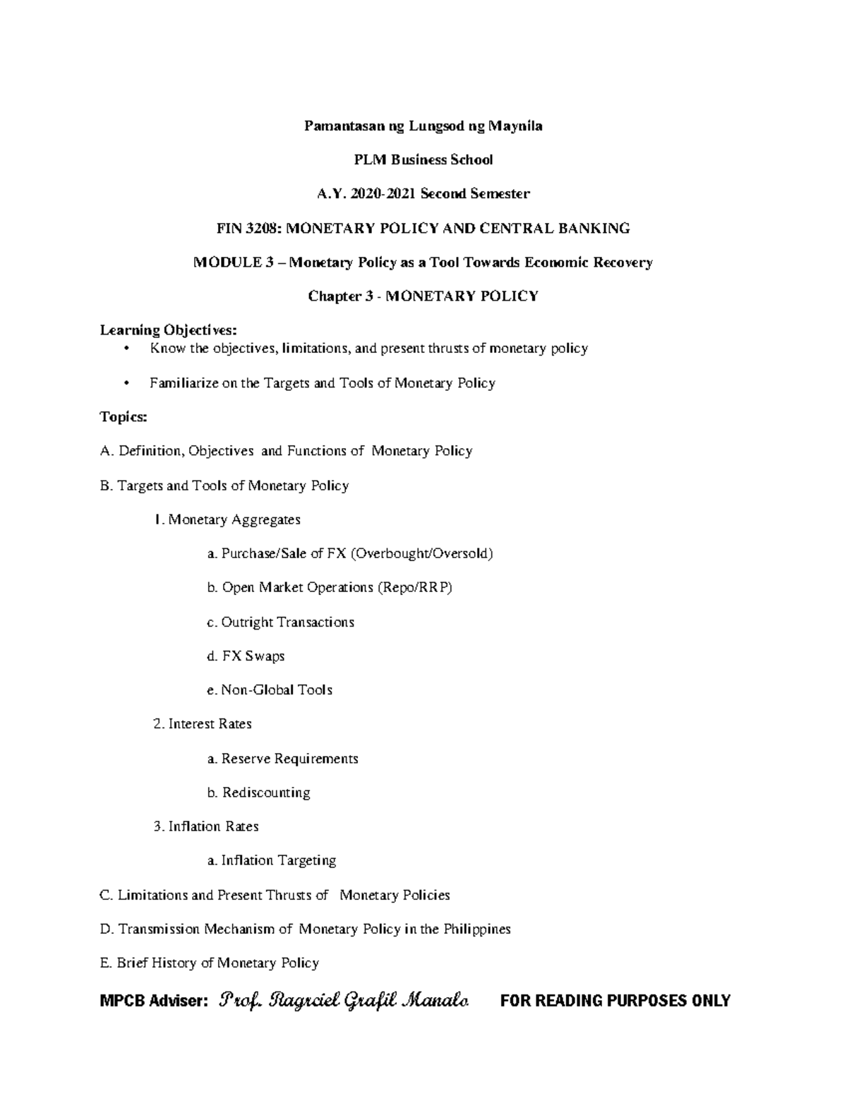 MPCB Module 3 Chapter 3 Monetary Policy - Pamantasan ng Lungsod ng ...
