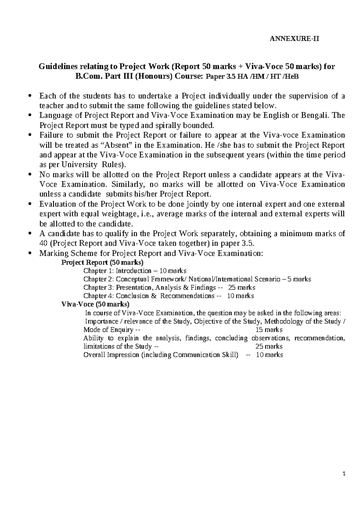 Annexure II - ####### ANNEXURE-II Guidelines relating to Project Work (Report 50 marks + Viva ...