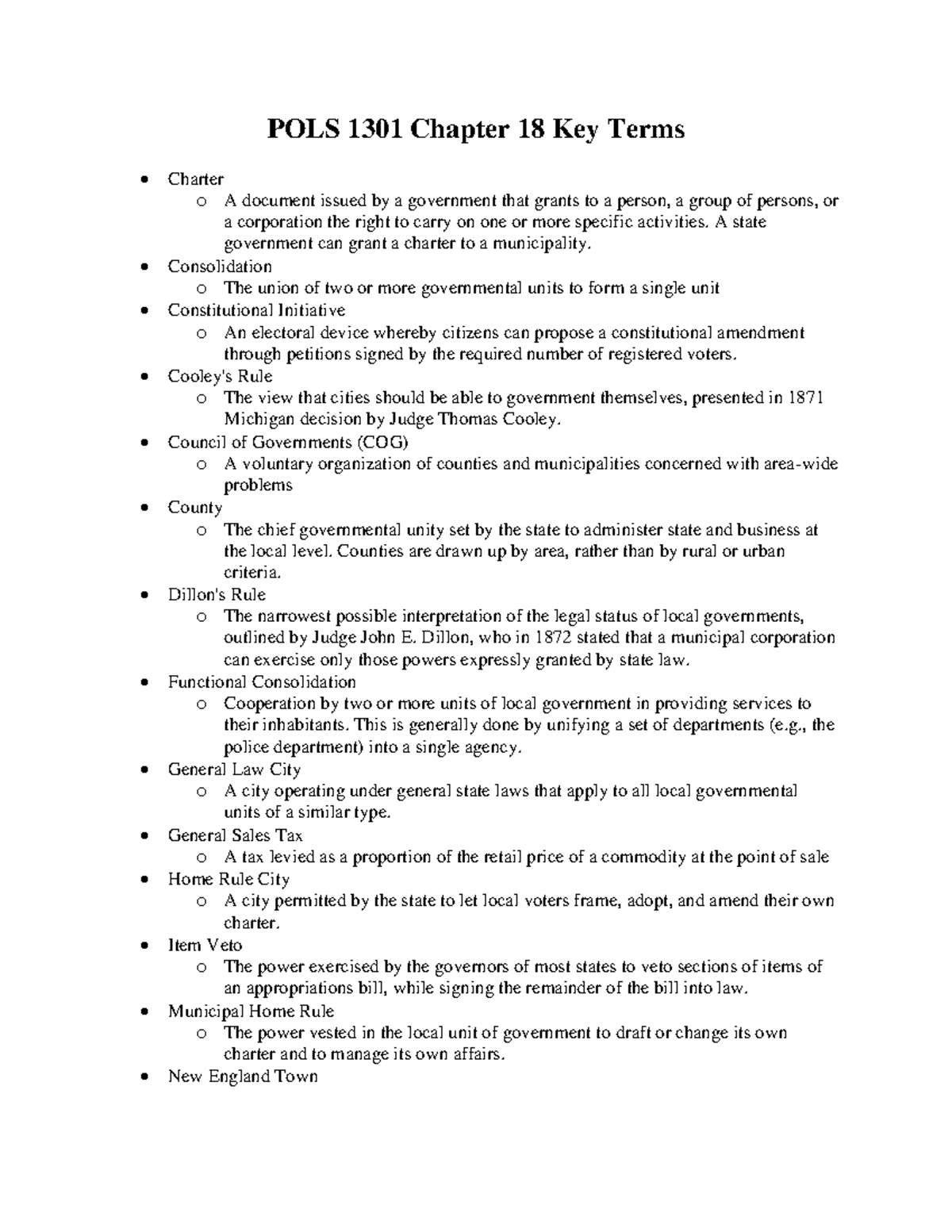 POLS 1301 Chapter 18 Key Terms - POLS 1301 Chapter 18 Key Terms Charter o A document issued by a ...