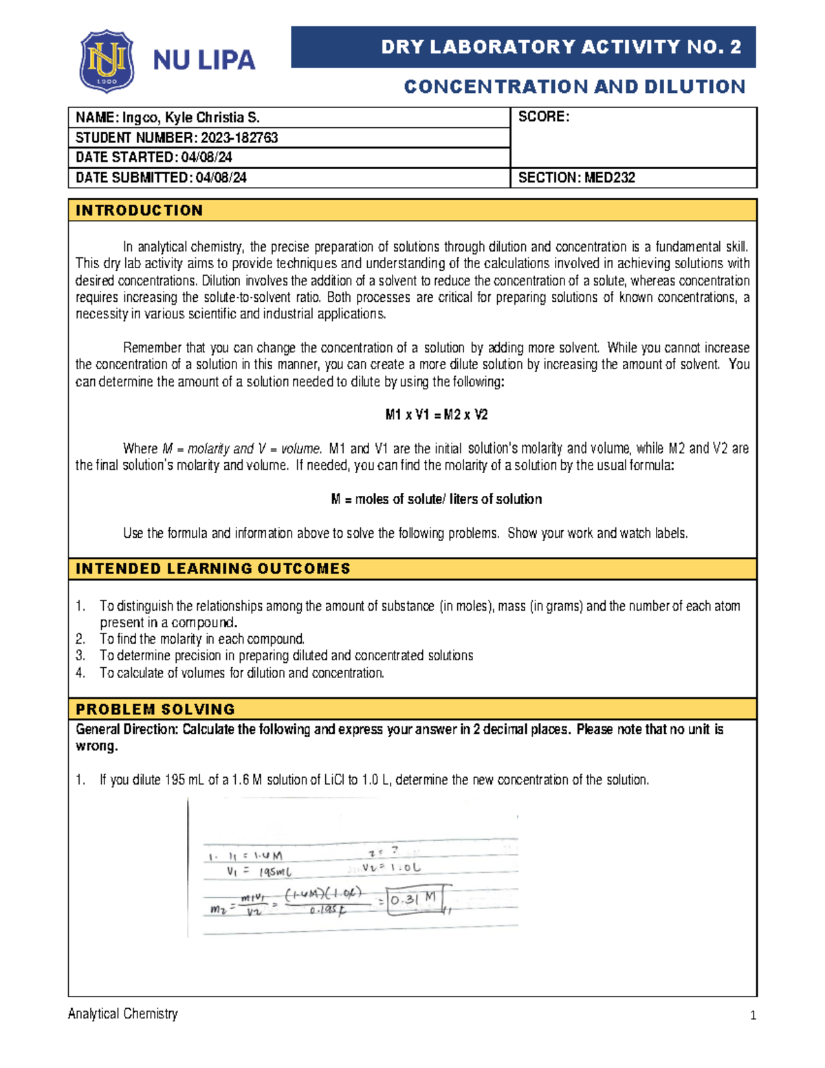 Dry Lab Activity No. 2 Concentration Dilution - CONCENTRATION AND ...