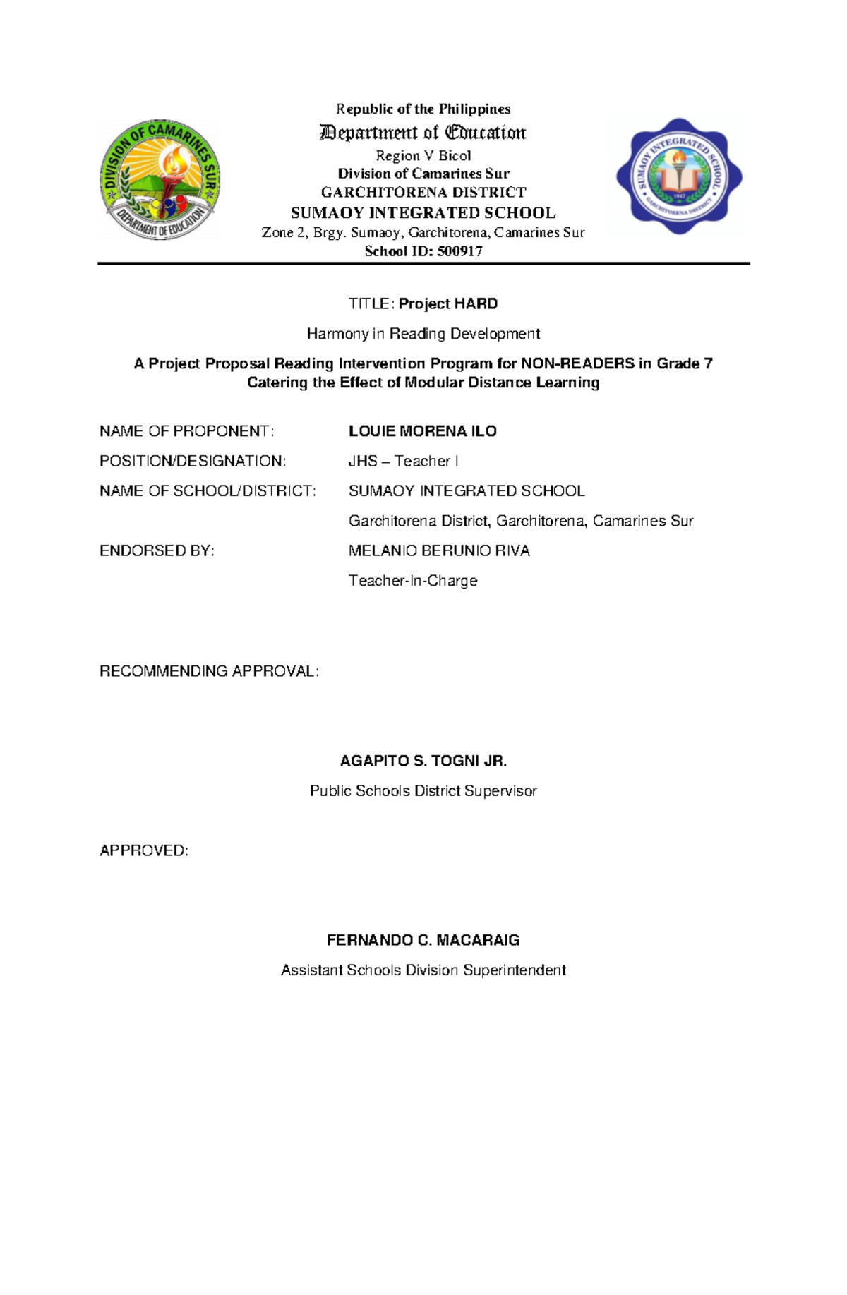 Project-HARD - proposal - R epublic of the Philippines Department of ...