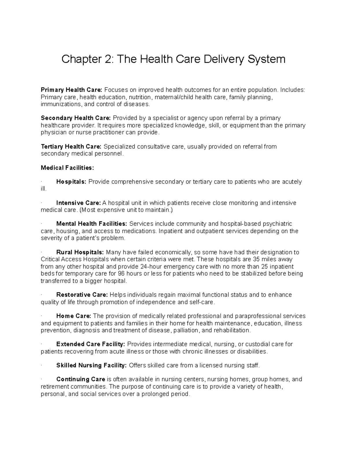 Chapter 2 Notes - Prof. Forde - Chapter 2: The Health Care Delivery ...