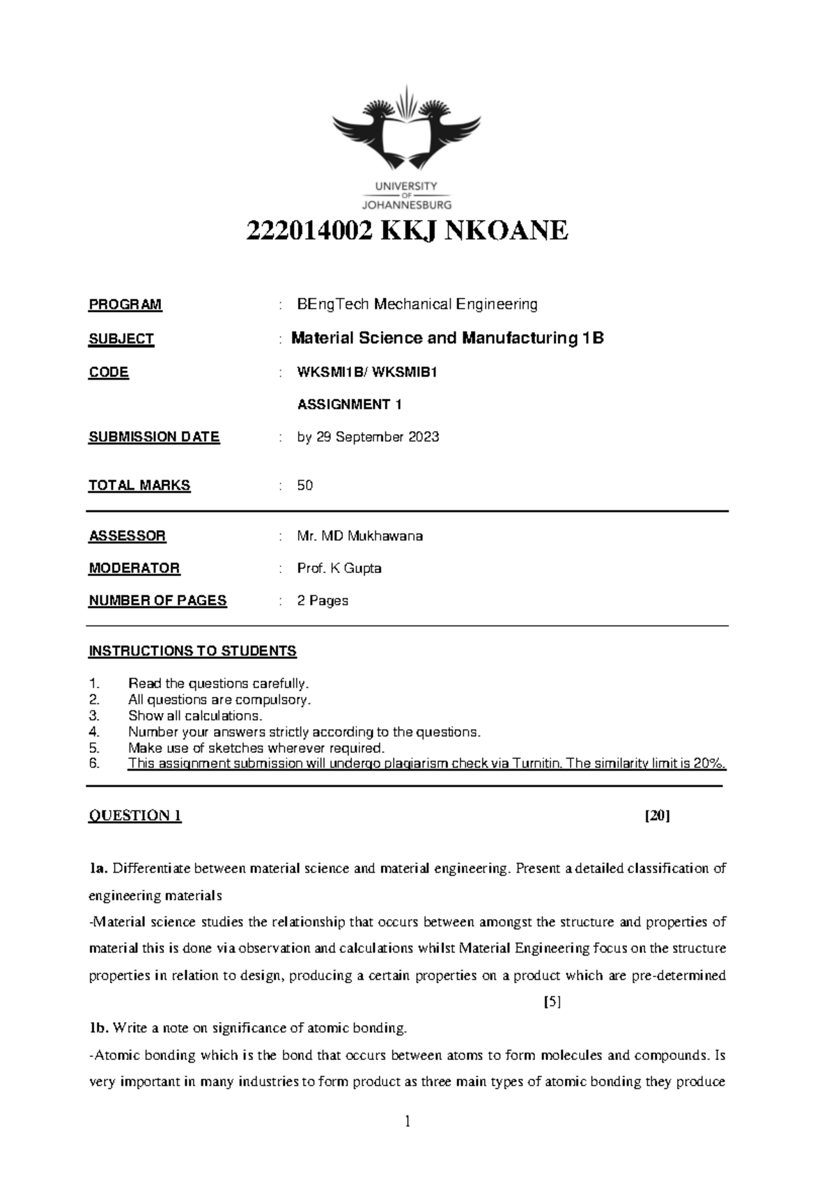 Assignment Material science - 222014002 KKJ NKOANE PROGRAM : BEngTech ...
