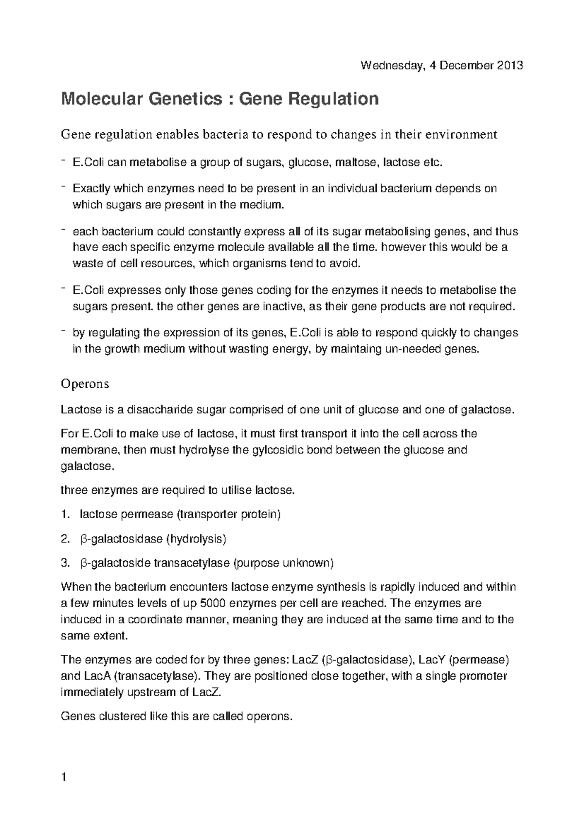 Lecture notes: Gene Regulation - Wednesday, 4 December 2013 1 Molecular ...