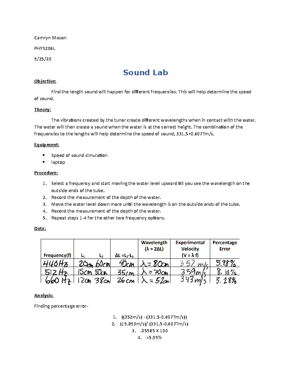 Sound Wave Lab report - Camryn Mason PHYS206L 9/25/ Sound Lab Objective ...