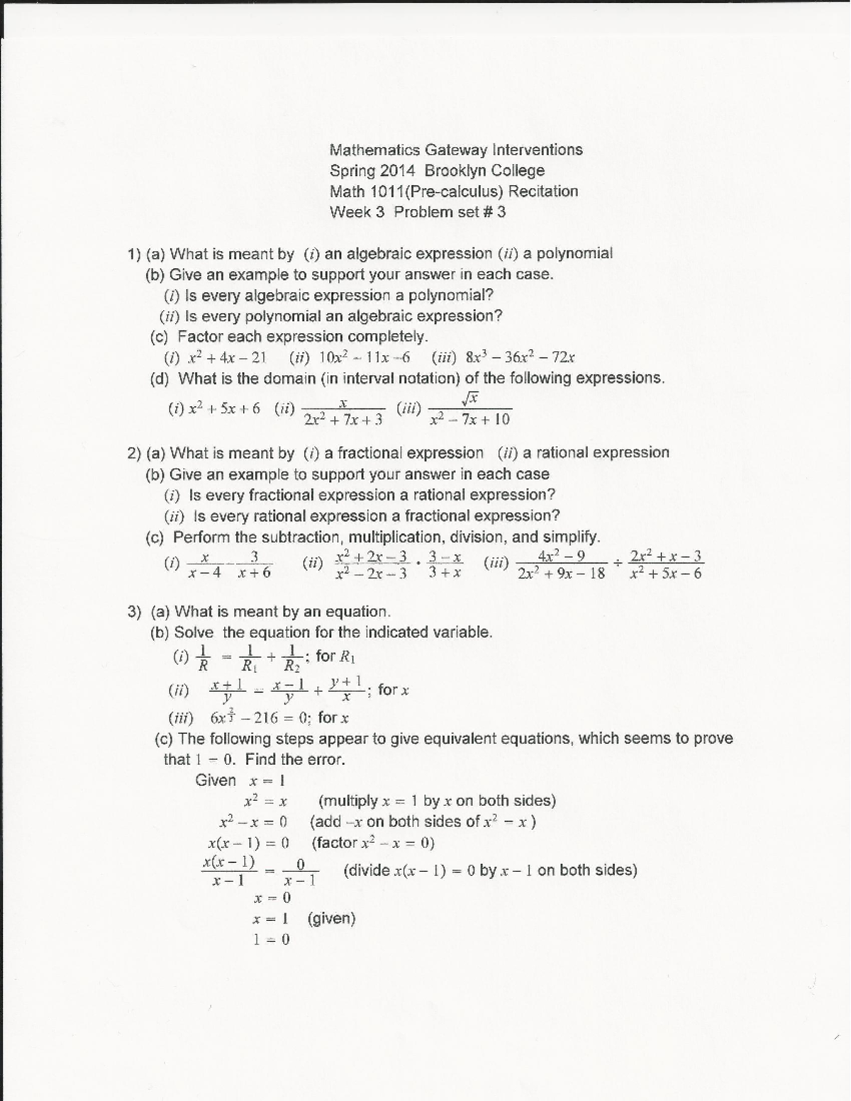 Problem Set 3 week 3 Recitation Math 1011 (Pre-calculus) Mathematics ...