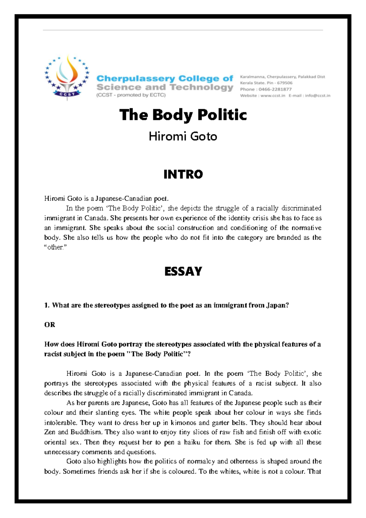 The Body Politic Complete Notes - The Body Politic Hiromi Goto INTRO ...