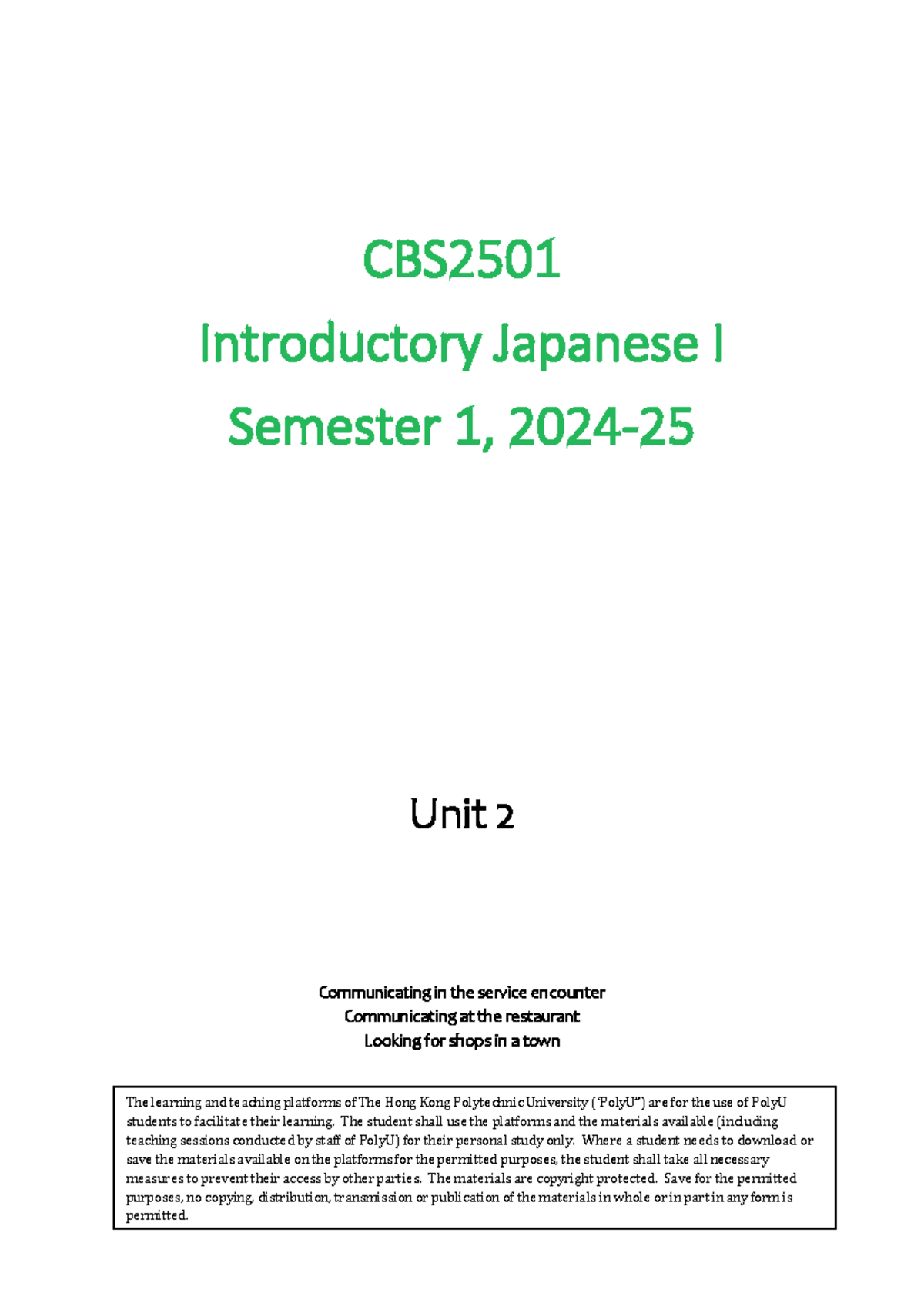 Unit 2 Textbook 2024-25 Semester 1 - CBS Introductory Japanese I ...