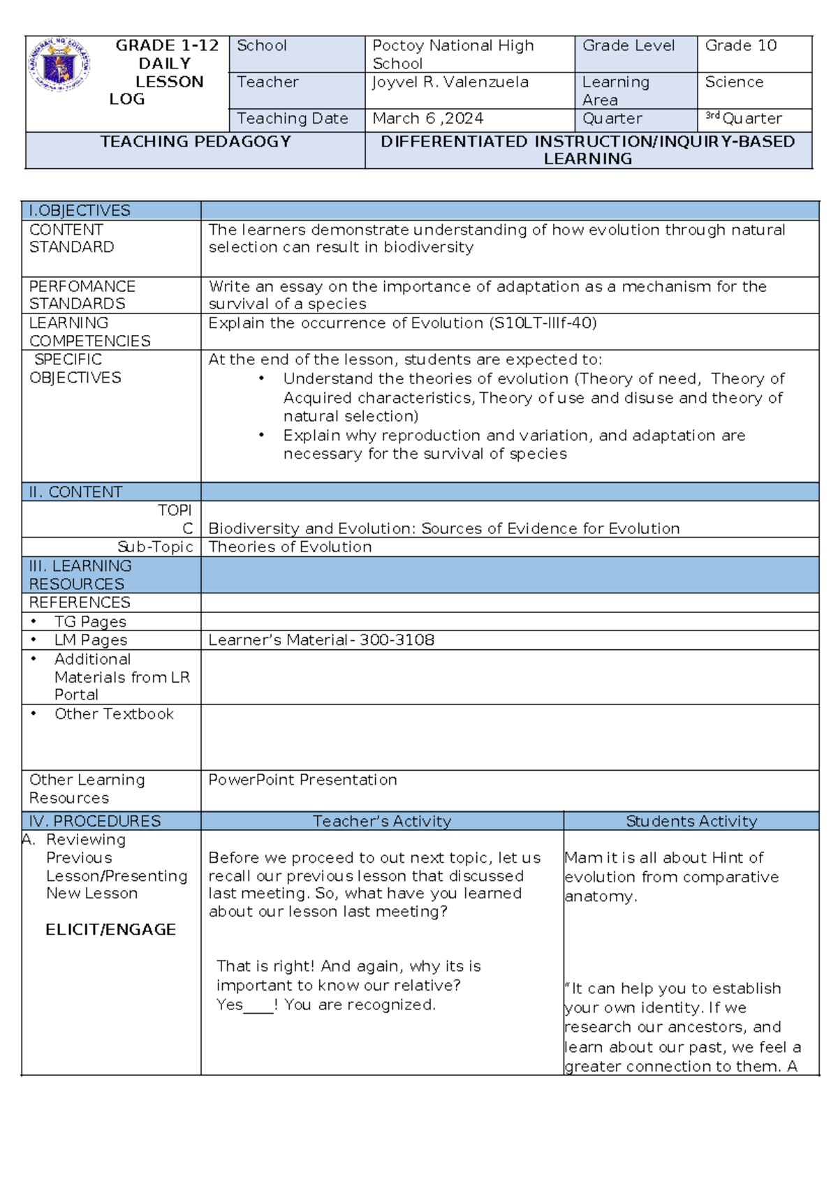 Lesson Plan March 6 - I CONTENT STANDARD The learners demonstrate ...