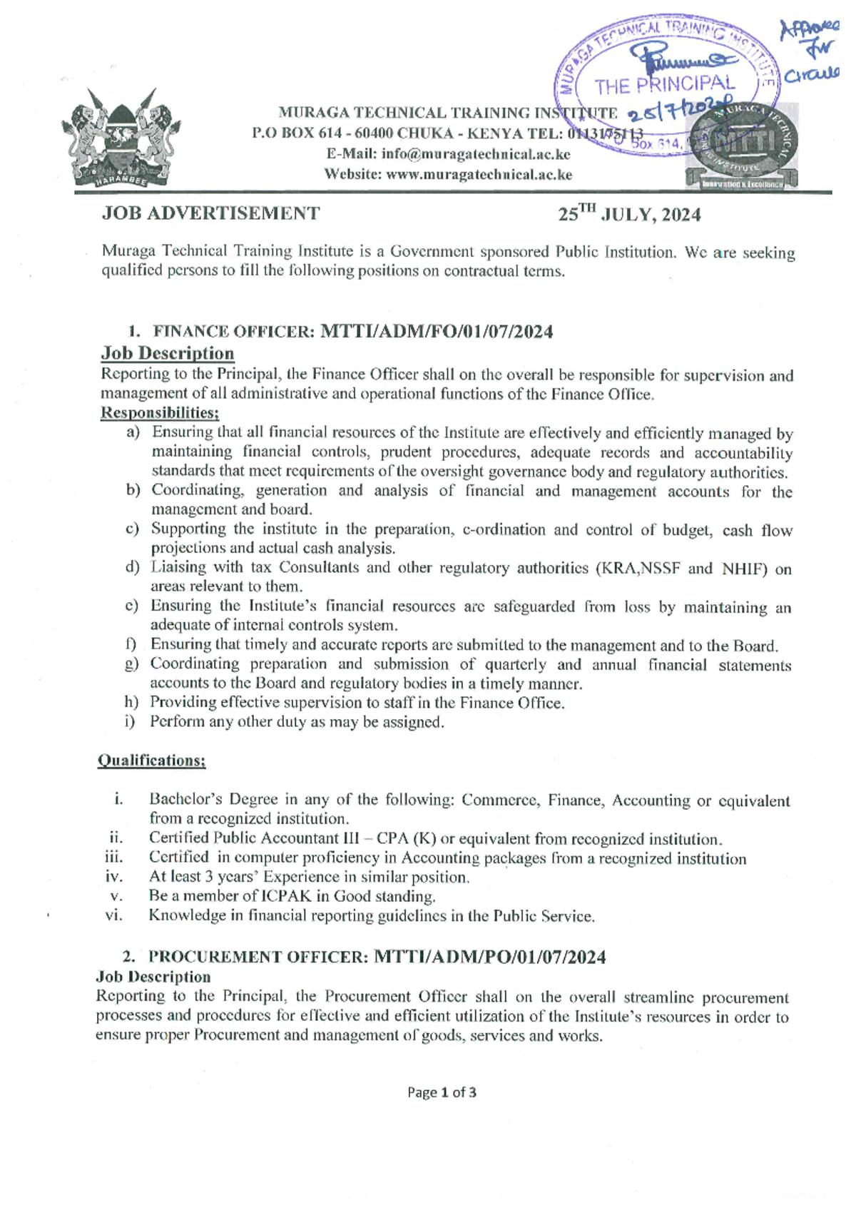 MTTI JOB Advert JULY 2024 - TRAINING Approved SECURITY THE PRINCIPAL ...