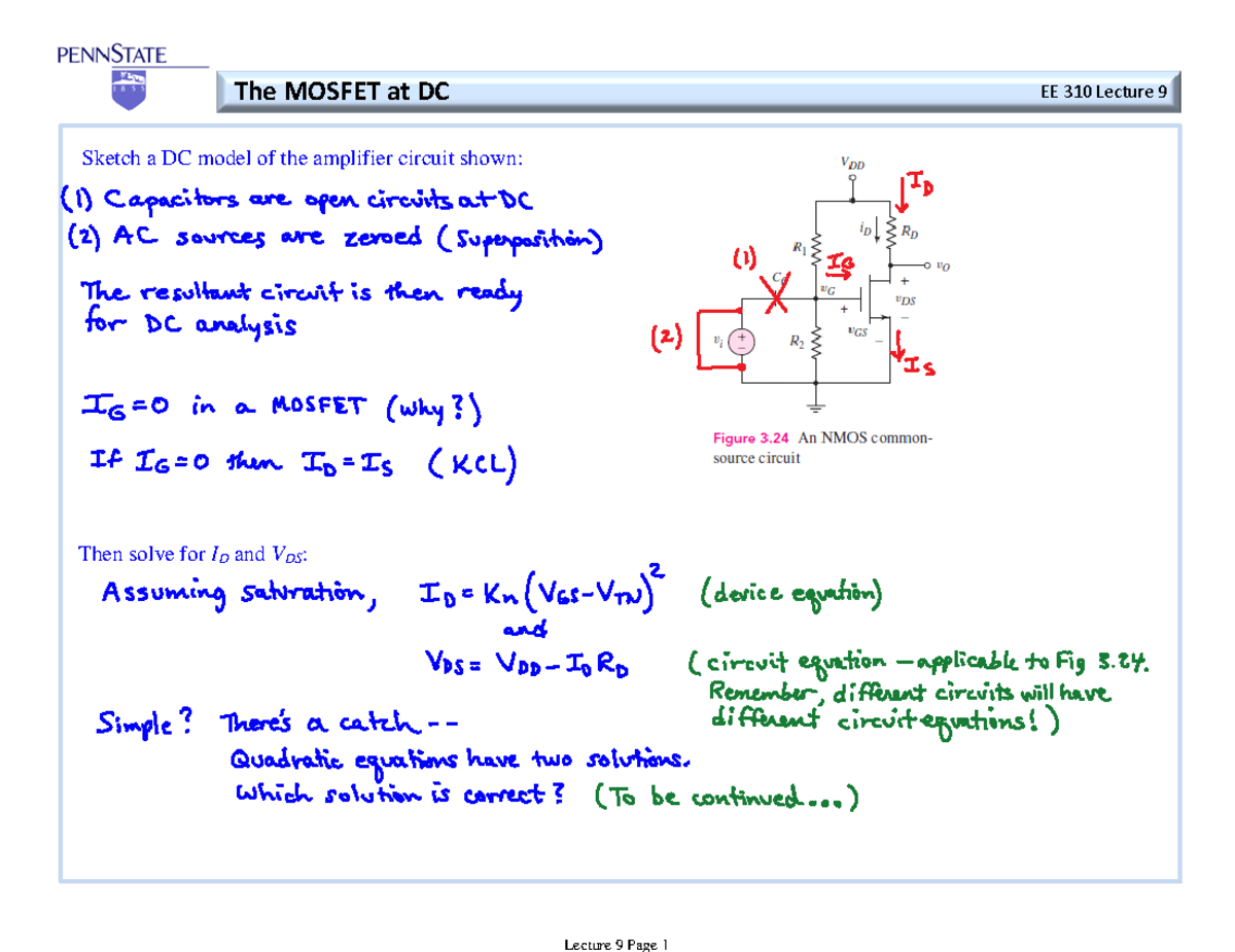Lecture 9 - The MOSFET at DC EE 310 Lecture 9 Sketch a DC model of the amplifier circuit shown ...