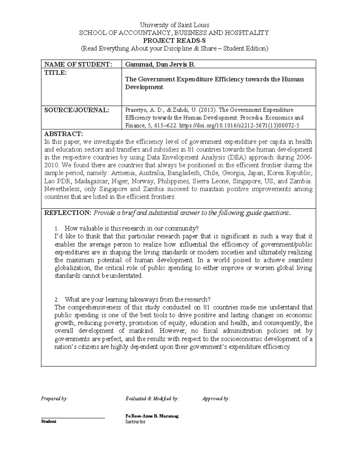 Project Read worksheet 24 - University of Saint Louis SCHOOL OF ...