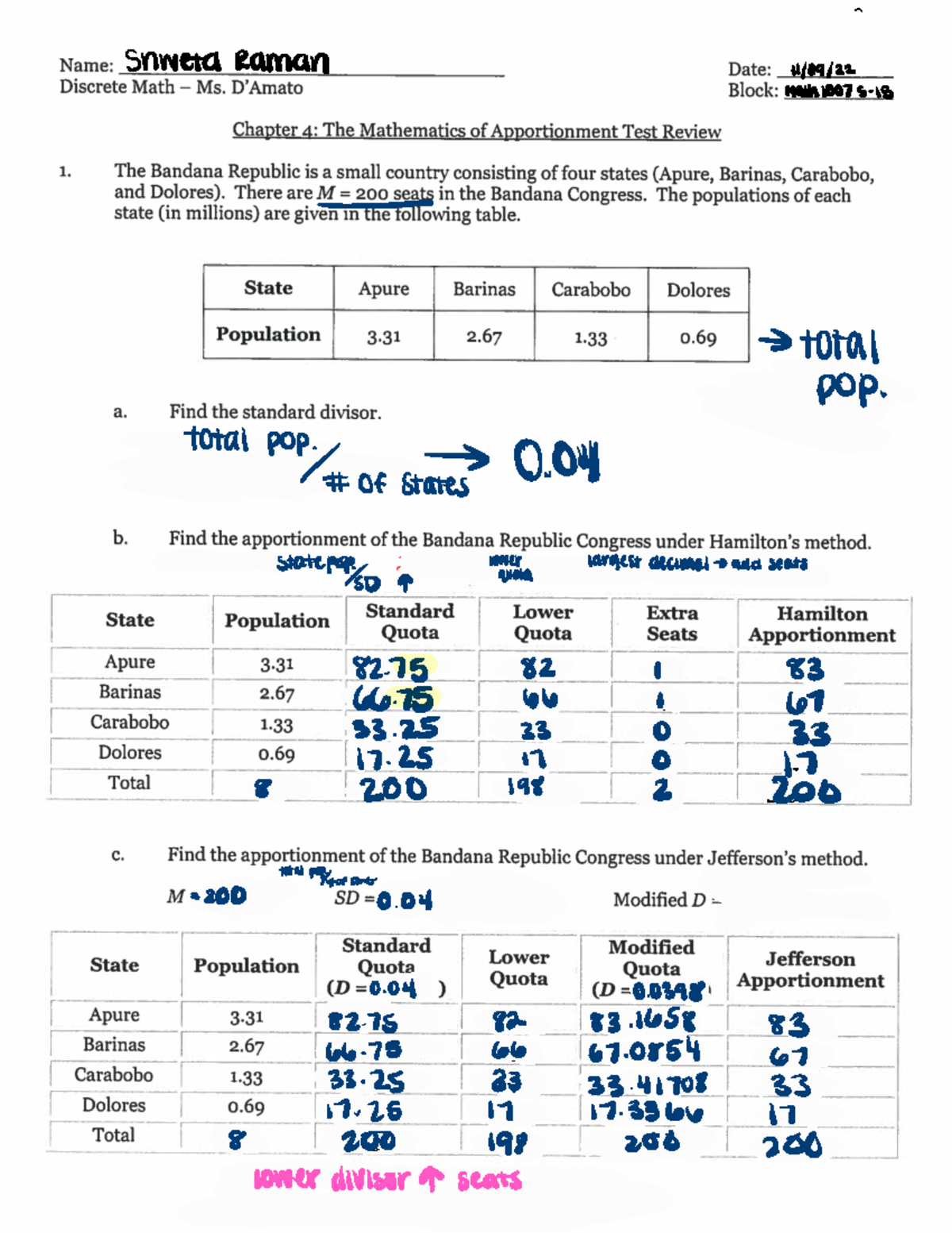 Chapter 4 Test Review Packet Answers - Shweta Raman 11/04/ Math 18073 ...