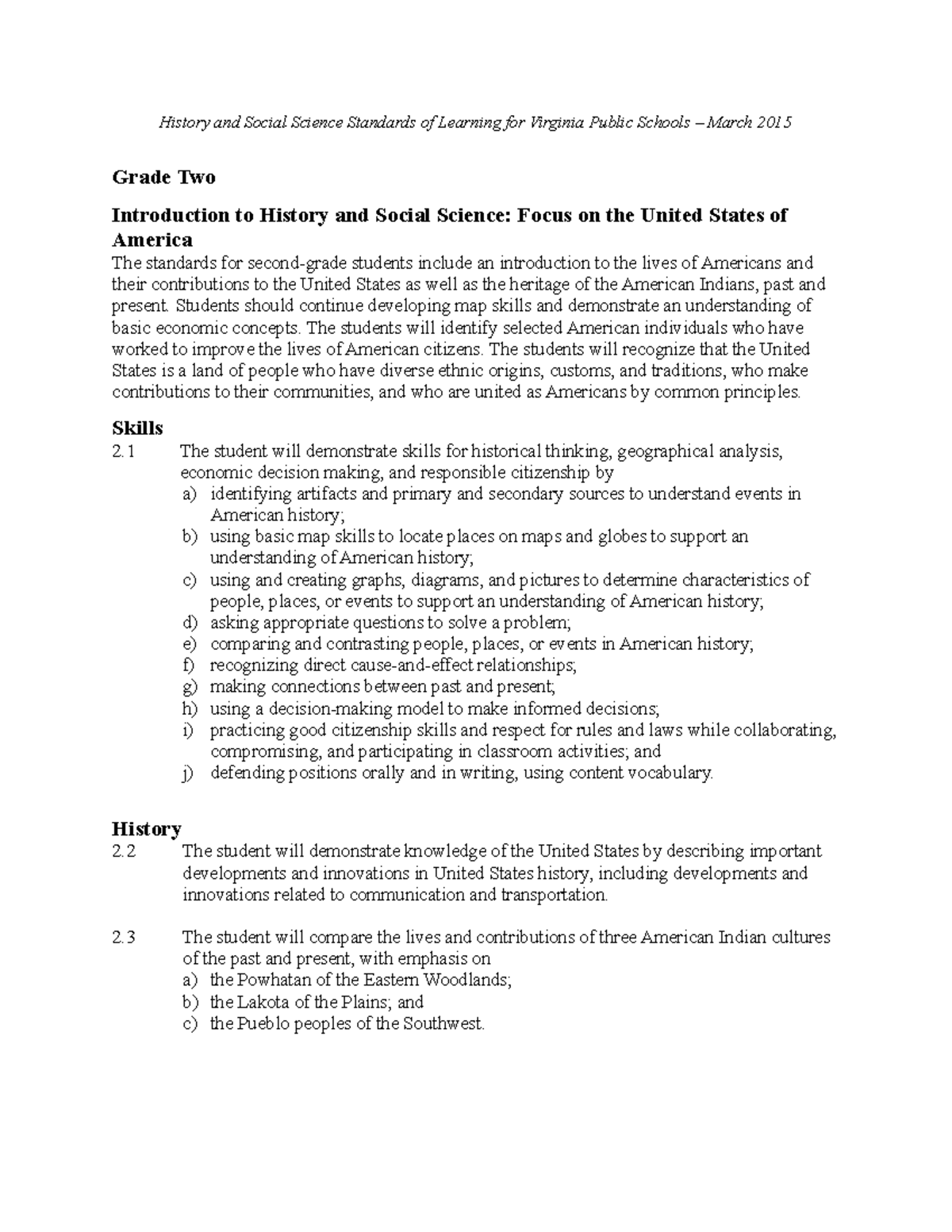Stds 2015 hss 2 - Standards for History for 2nd grade - History and ...