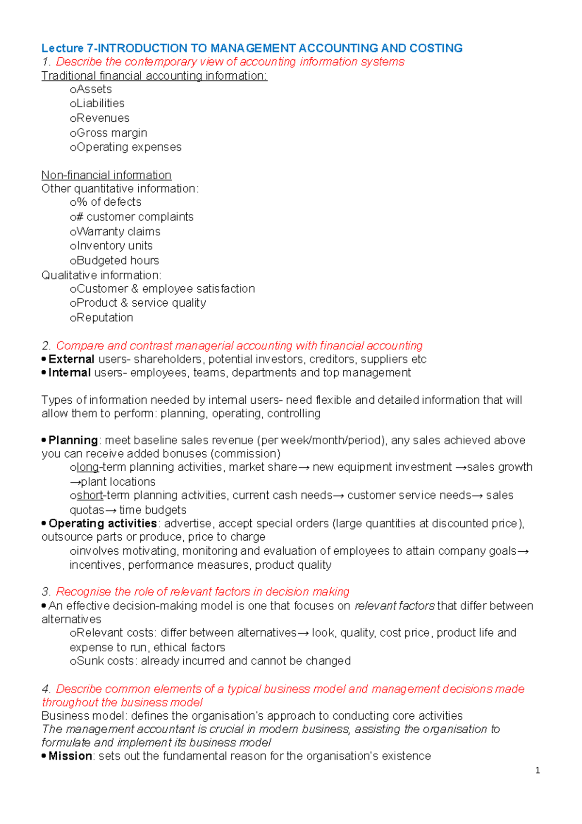 Management Accounting Notes - Lecture 7-INTRODUCTION TO MANAGEMENT ...