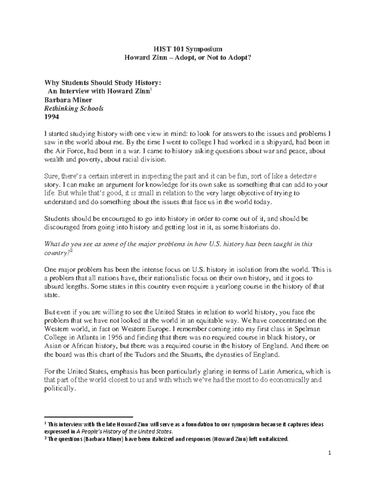 HIST 101 Symposium Howard Zinn Adopt or Not to Adopt - HIST 101 ...