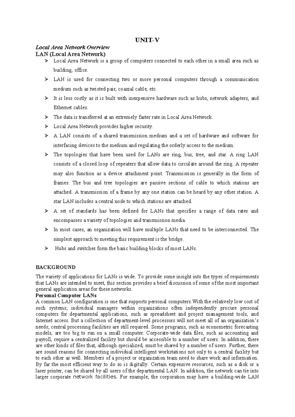 UNIT-5 - UNIT-V Local Area Network Overview LAN (Local Area Network ...