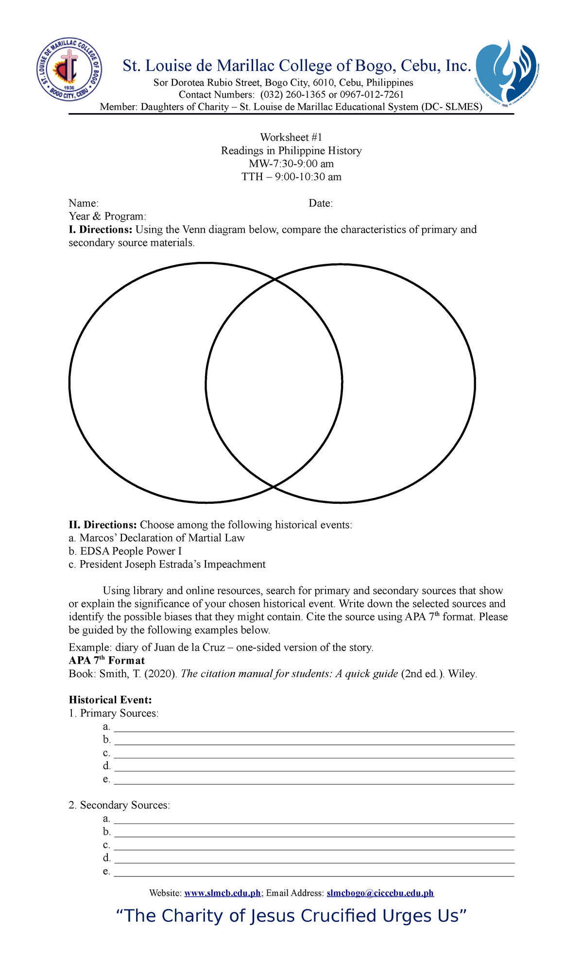 Worksheet-1 - St. Louise de Marillac College of Bogo, Cebu, Inc. Sor ...