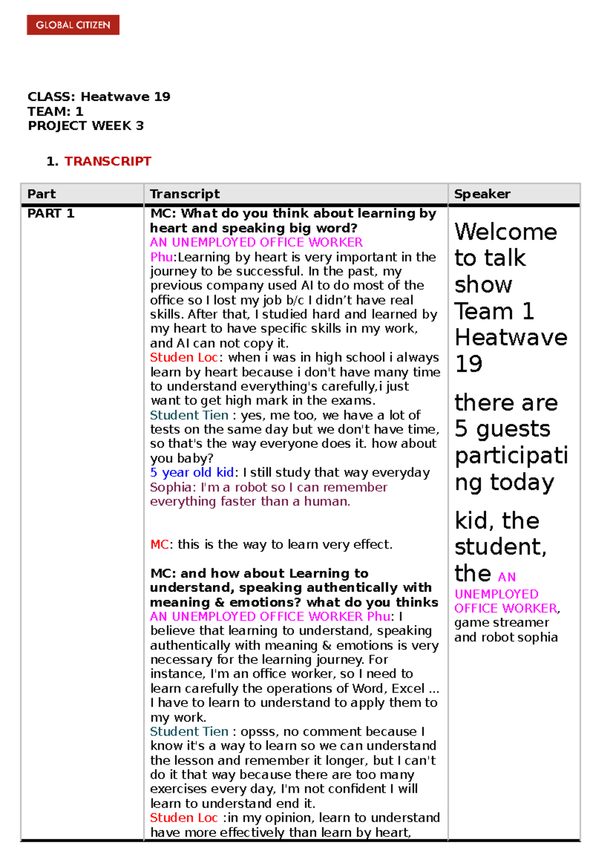 Bản sao của Transcript [Class] - [Team] - CLASS: Heatwave 19 TEAM: 1 PROJECT WEEK 3 1 ...