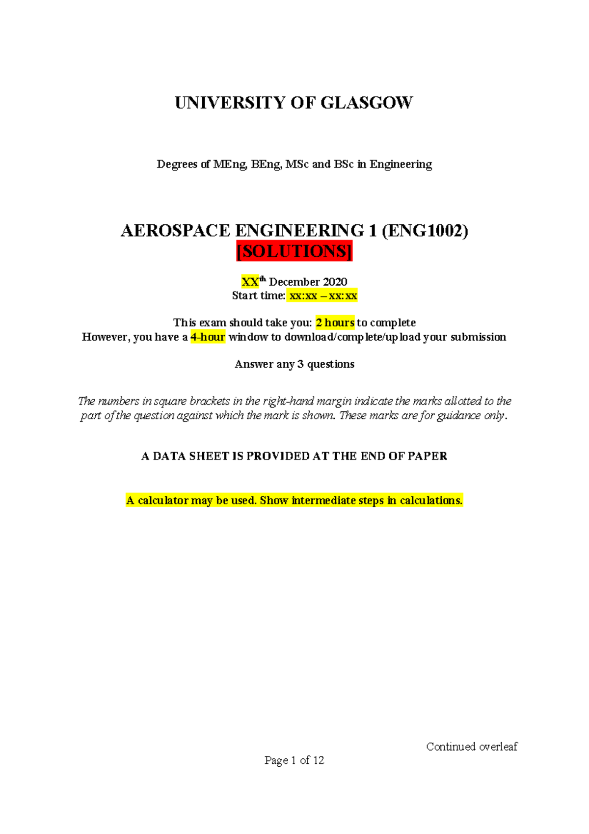 Exam ENG1002 2020main solutions - Continued overleaf UNIVERSITY OF ...