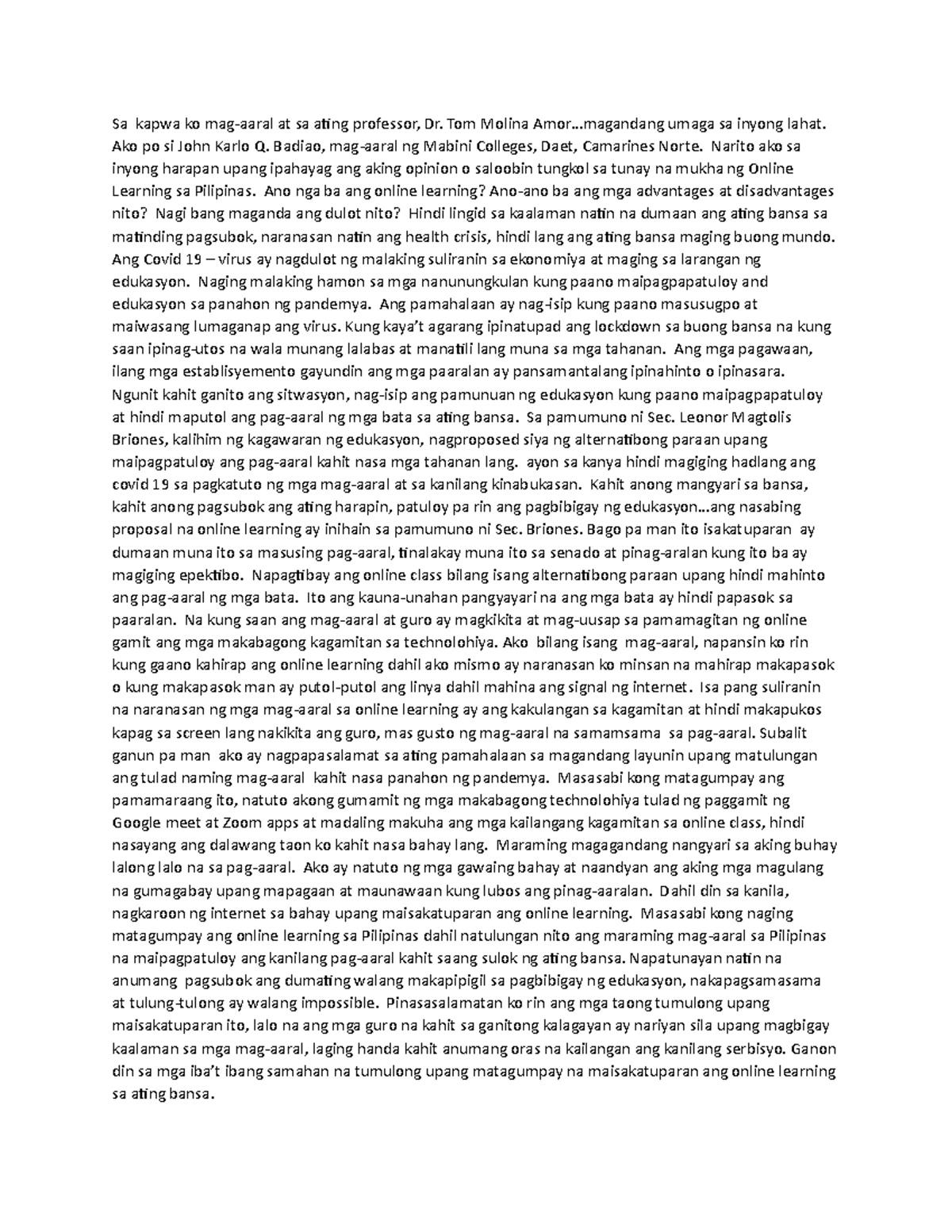 Talumpati sample - Masining na pagpapakilala - Sa kapwa ko mag-aaral at ...