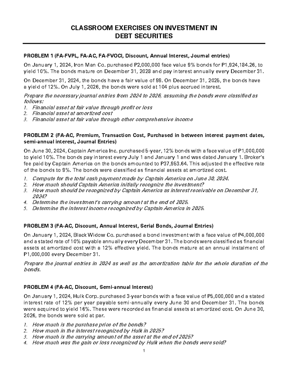 1 CE on Debt Securities (June 2024) - 1 CLASSROOM EXERCISES ON ...