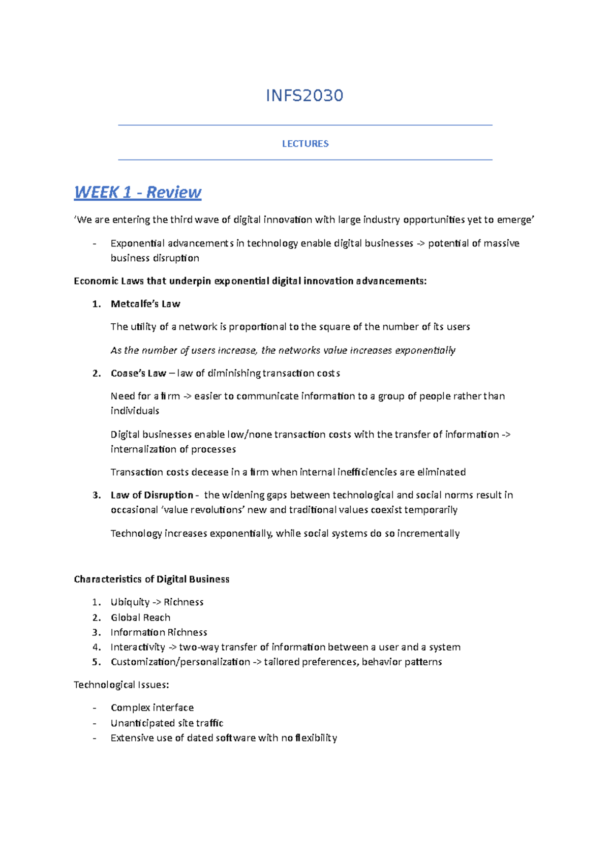 INFS2030 Lectures (Auto Recovered) - INFS LECTURES WEEK 1 - Review ‘We are entering the third ...