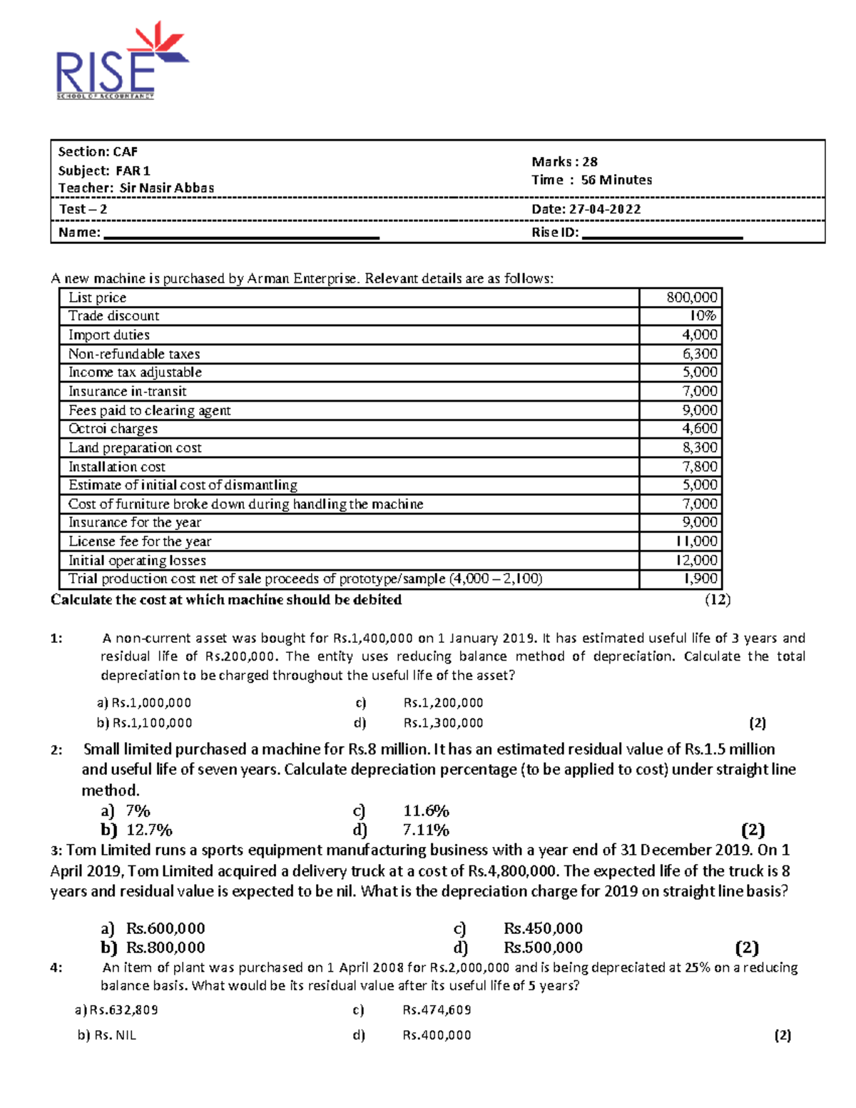 Test 2 - IAS 16 (Basic) - SNA Tests Aut 22 - Section: CAF Subject: FAR ...