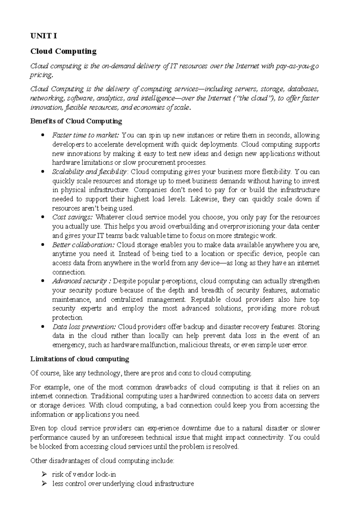 Unit I - unit for cloud computing - UNIT I Cloud Computing Cloud ...