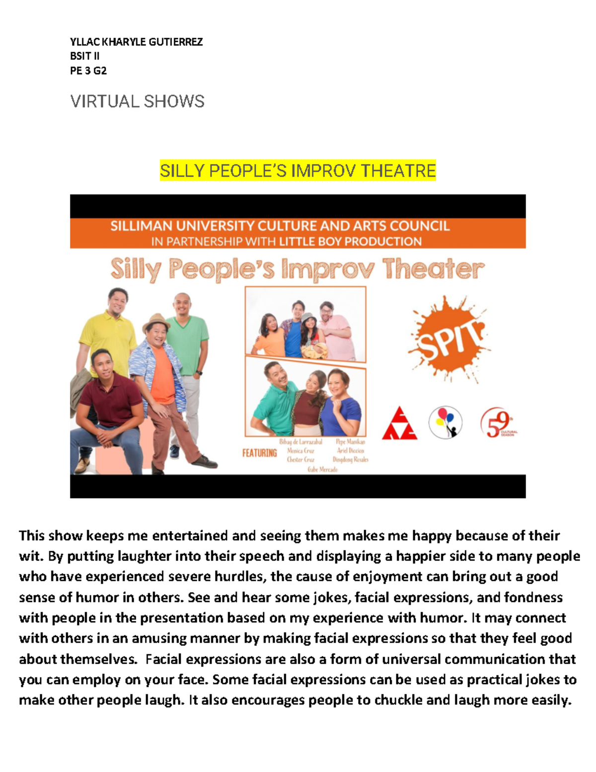 Silly People’S Improv Theatre - YLLAC KHARYLE GUTIERREZ BSIT II PE 3 G ...