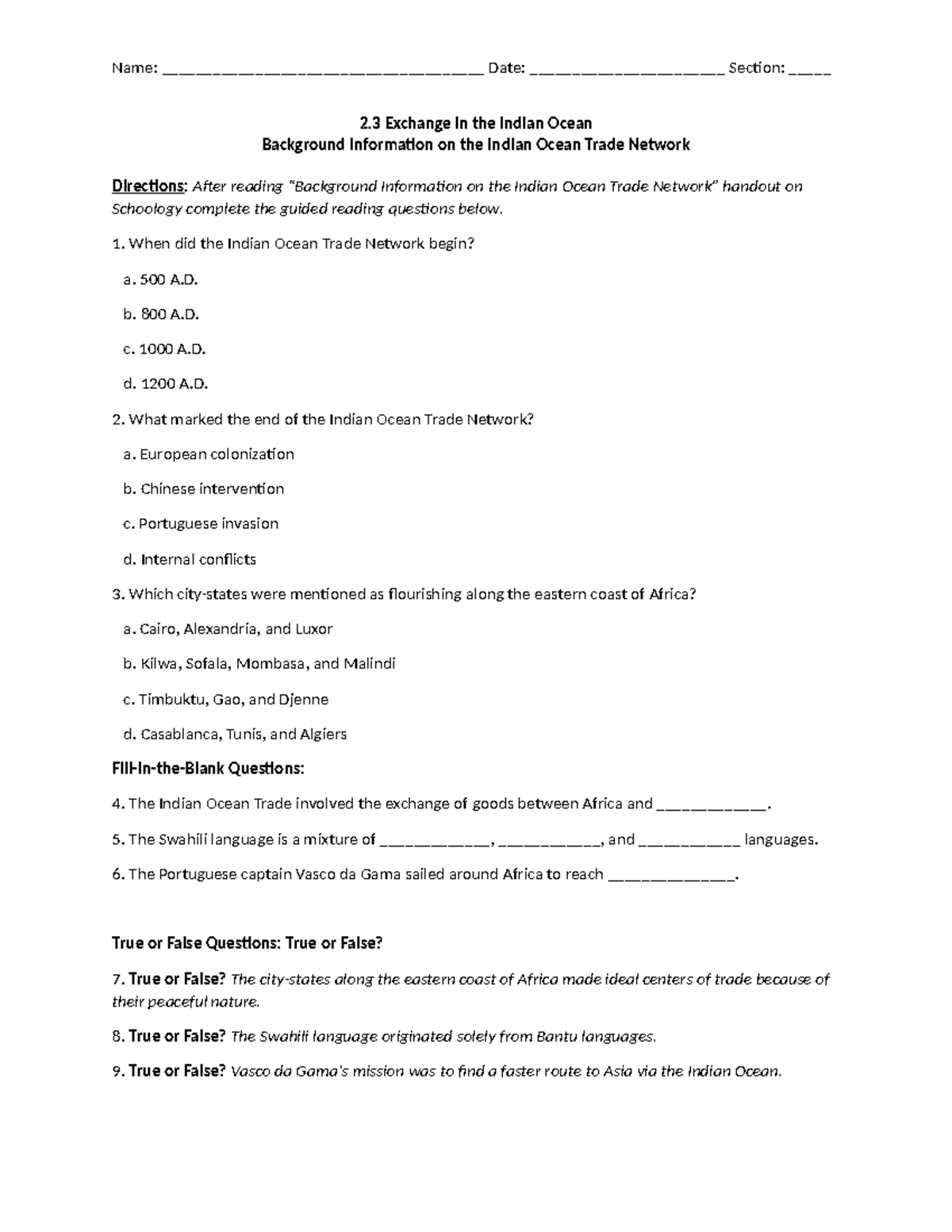 2.3 Exchange in the Indian Ocean AP Questions Background - Name: - Studocu