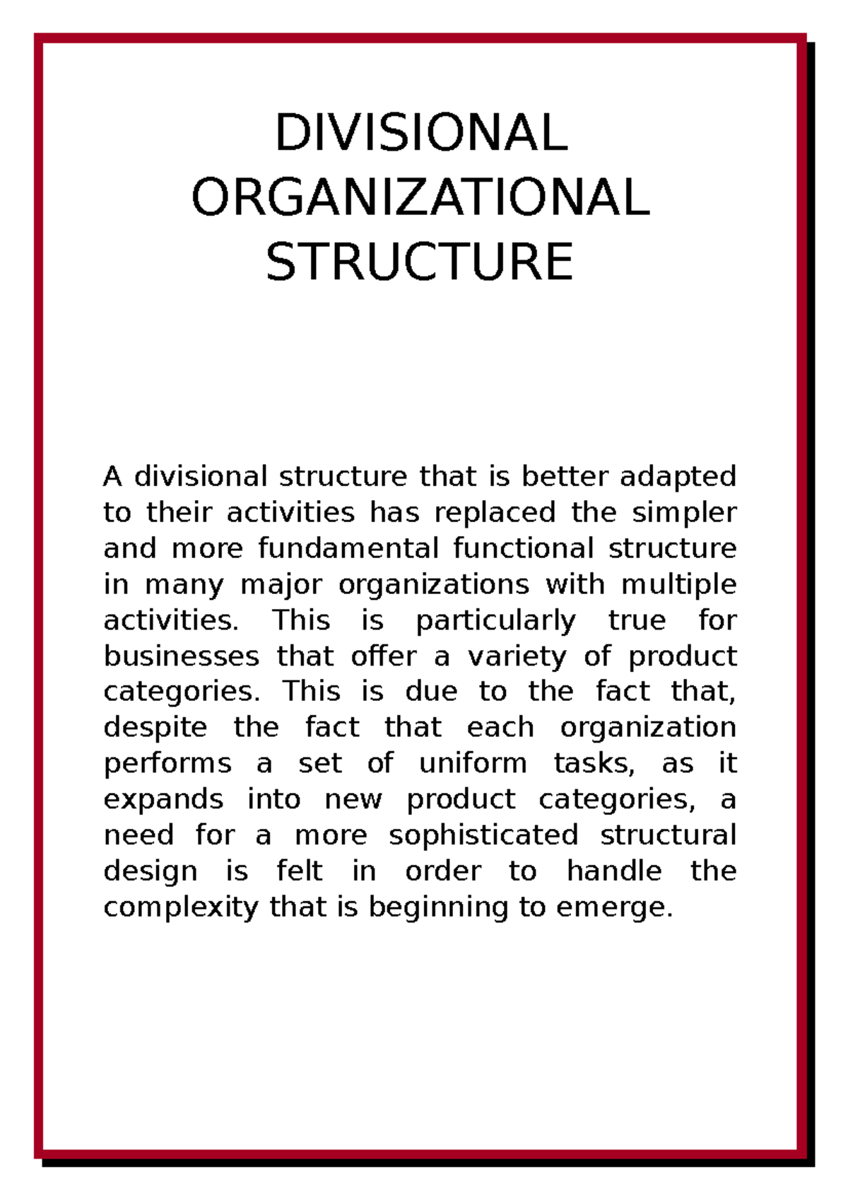 Divisional Organizational Structure - DIVISIONAL ORGANIZATIONAL ...