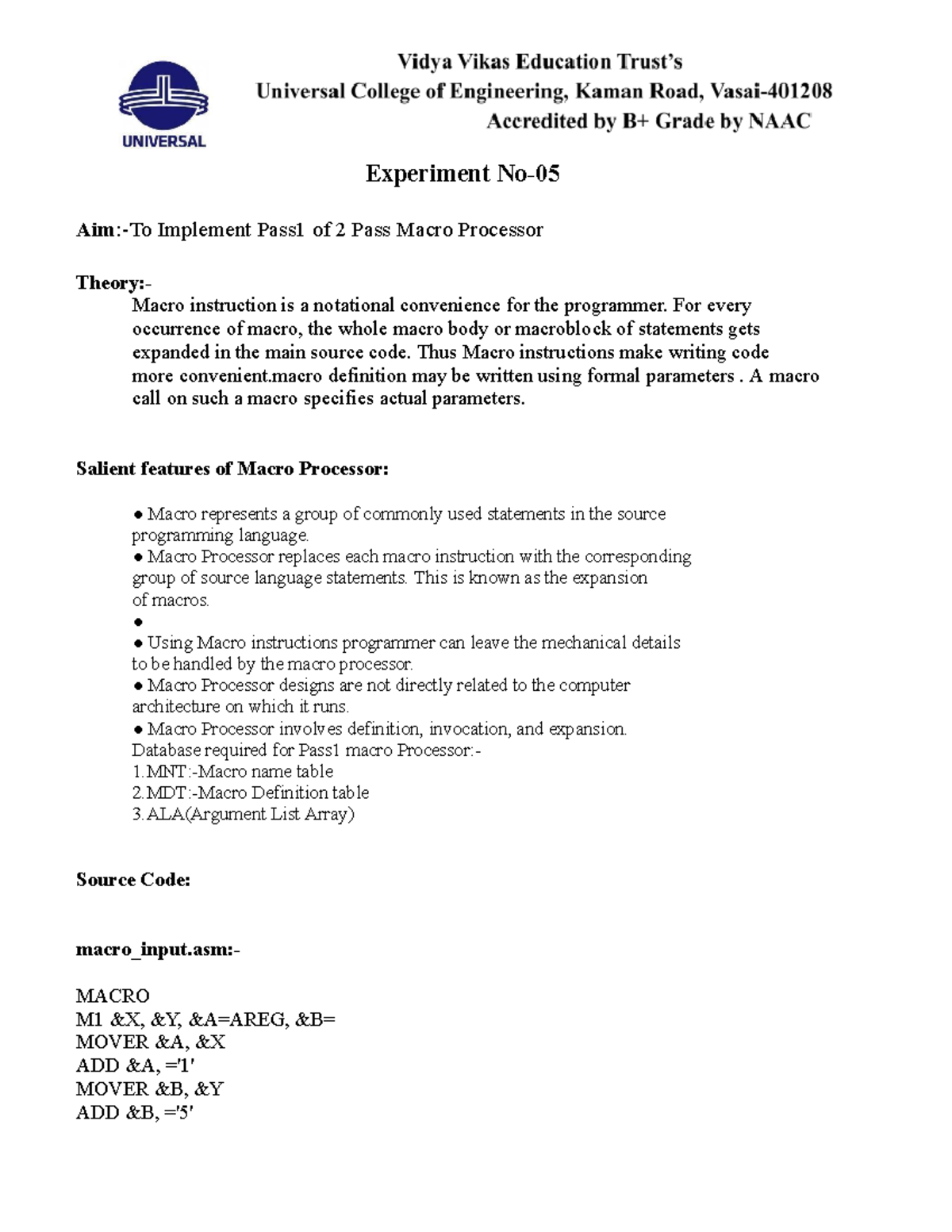 Spcc practical - Experiment No- Aim:-To Implement Pass1 of 2 Pass Macro Processor Theory:- Macro ...