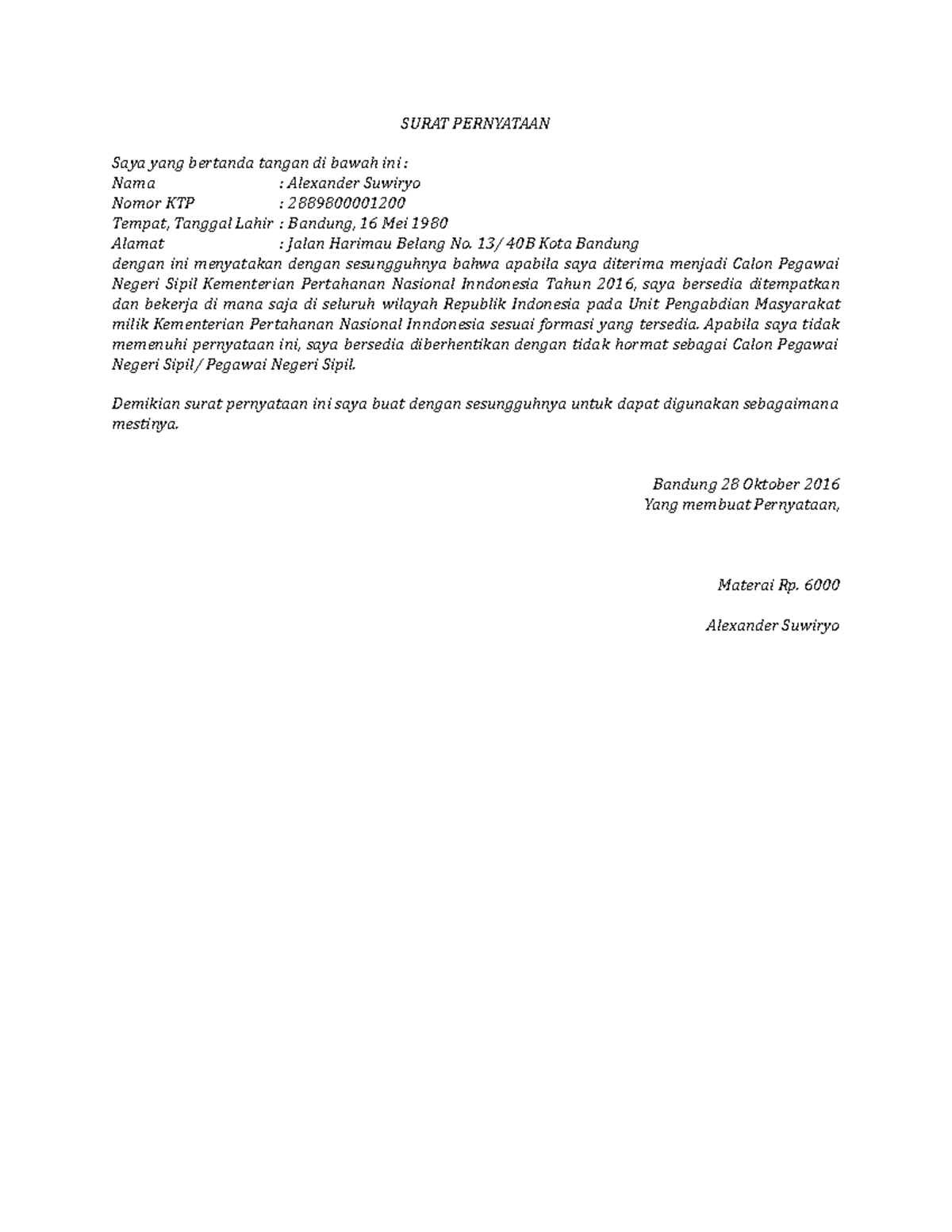 Contoh Surat Pernyataan Bersedia ditempatkan Dimana Saja untuk CPNS ...