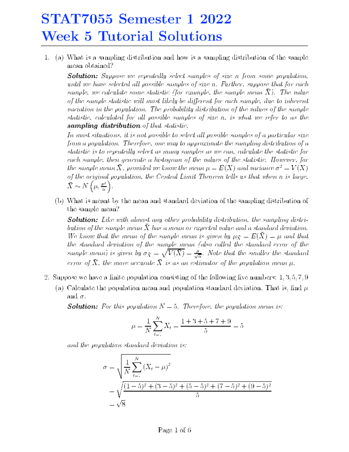 Topic-05 Sampling-Distributions Tut Sol - STAT7055 Semester 1 2022 Week 5 Tutorial Solutions (a ...