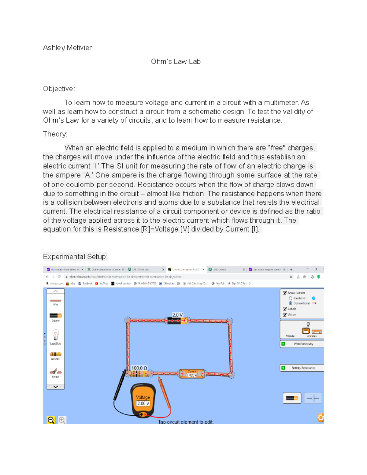 Ohms law lab - A scientific lab write up on a PHET simulation done on ...