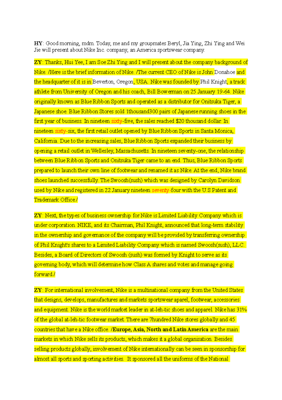 Business presentation script - HY : Good morning, mdm. Today, me and my ...