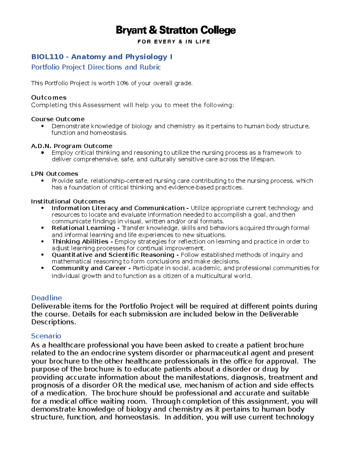 BIOL110 - Portfolio Project Directions and Rubric - BIOL110 - Anatomy ...