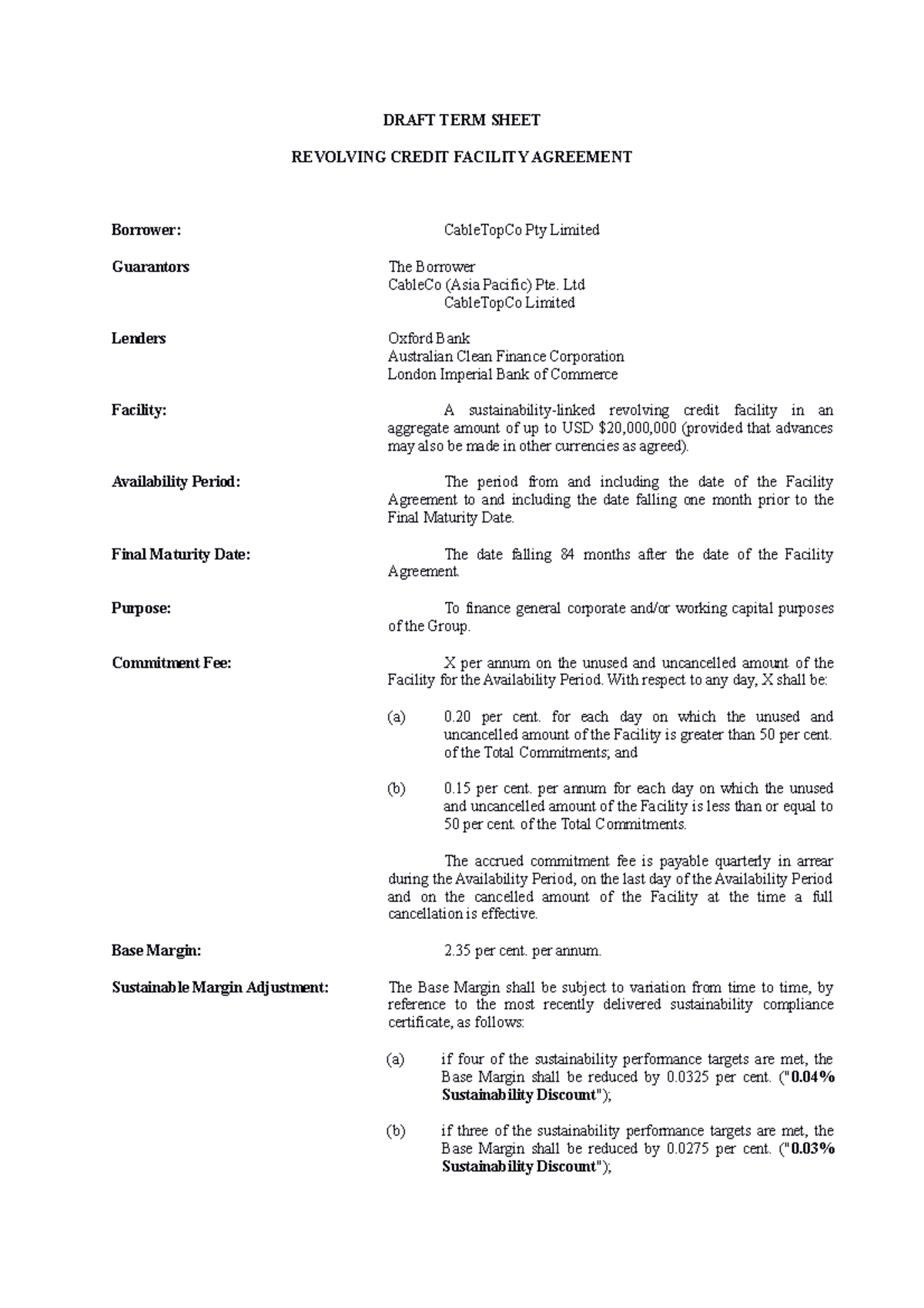 Sydney Project Fern Term Sheet - DRAFT TERM SHEET REVOLVING CREDIT ...